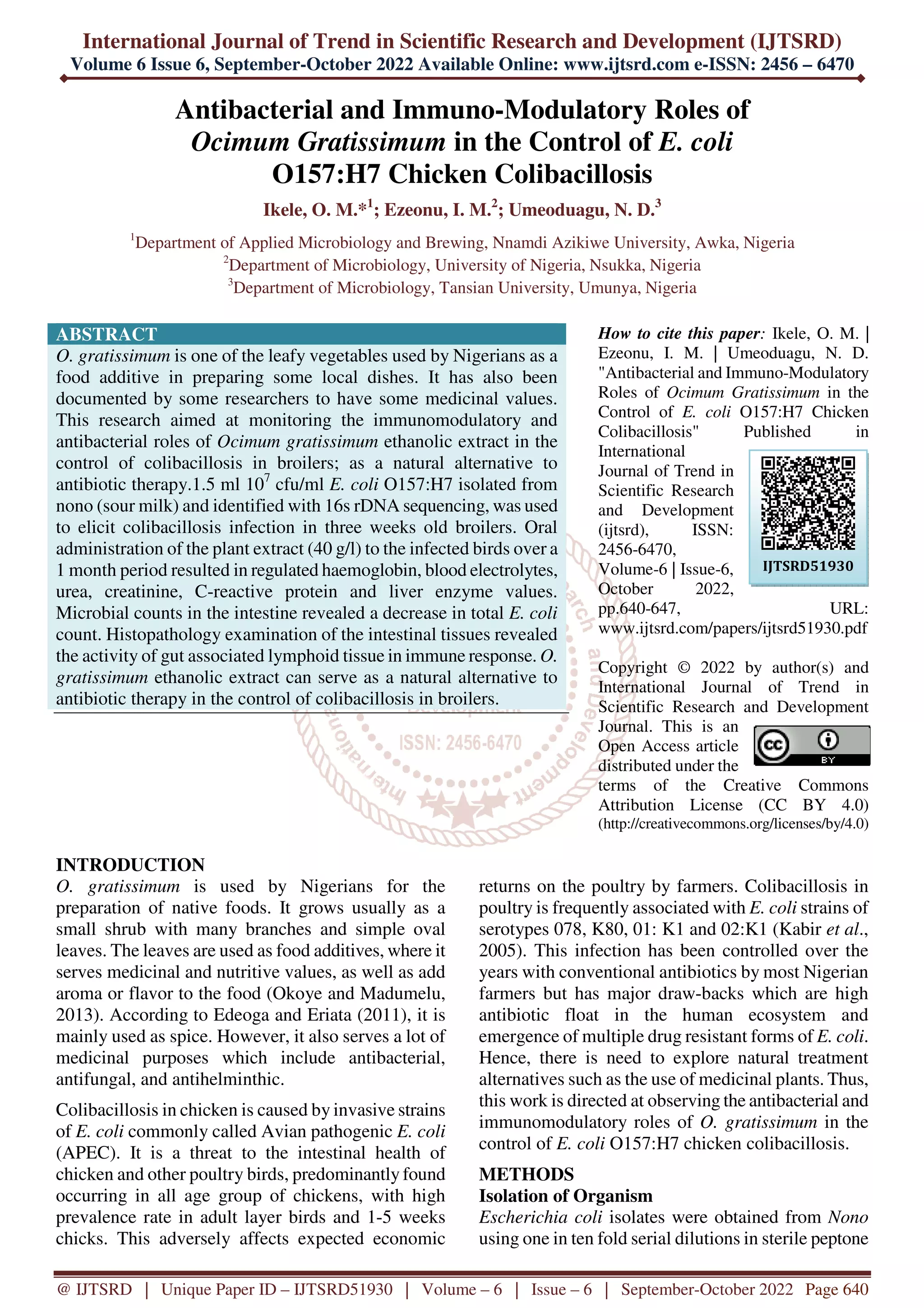Antibacterial and Immuno Modulatory Roles of Ocimum Gratissimum in the Control of E. coli O157 ...
