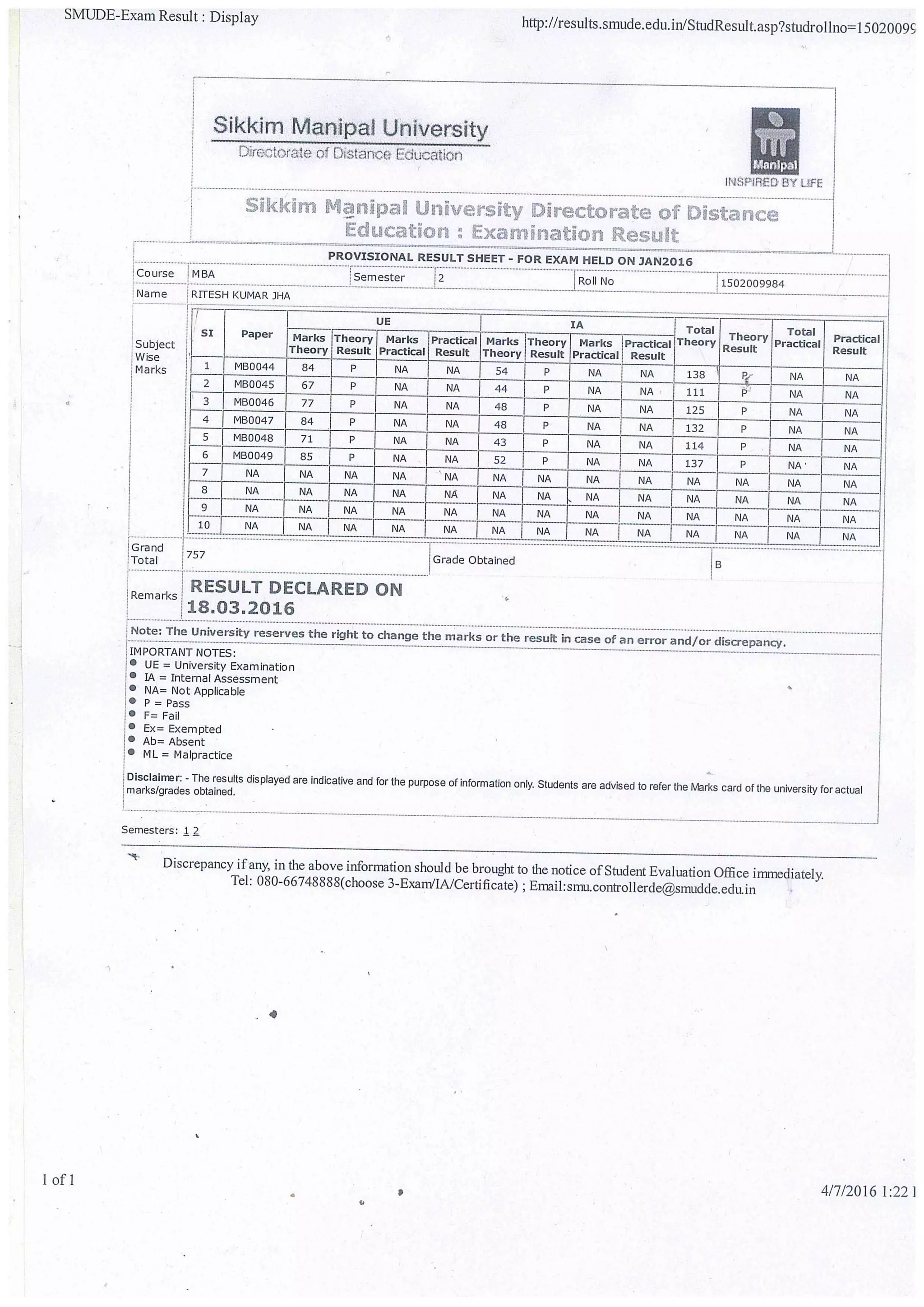 Marksheet-2nd semester | PDF