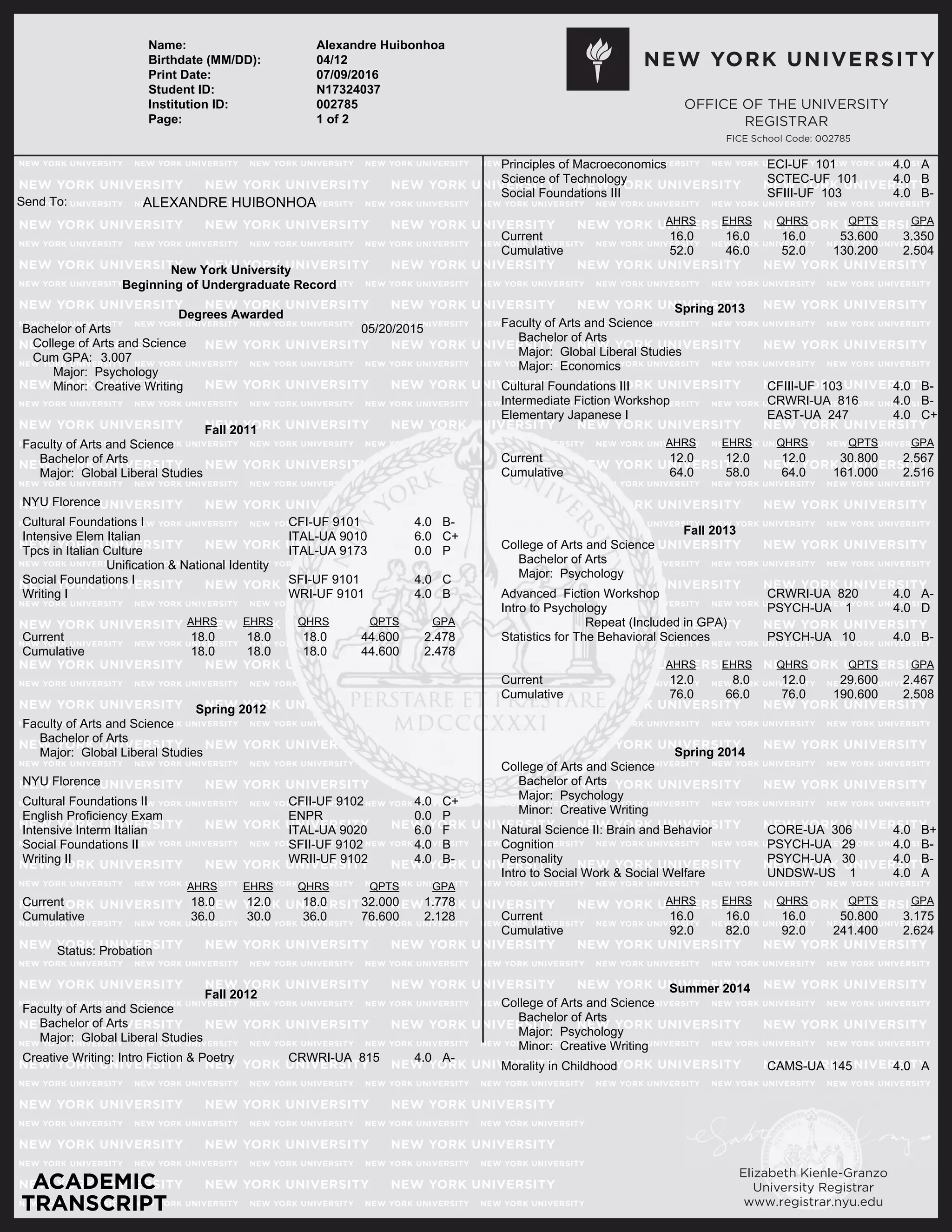 NYU Official Transcript | PDF