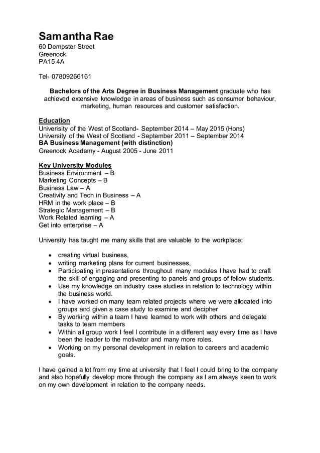 Samantha Rae degree CV improved | DOCX | Business Administration | Business