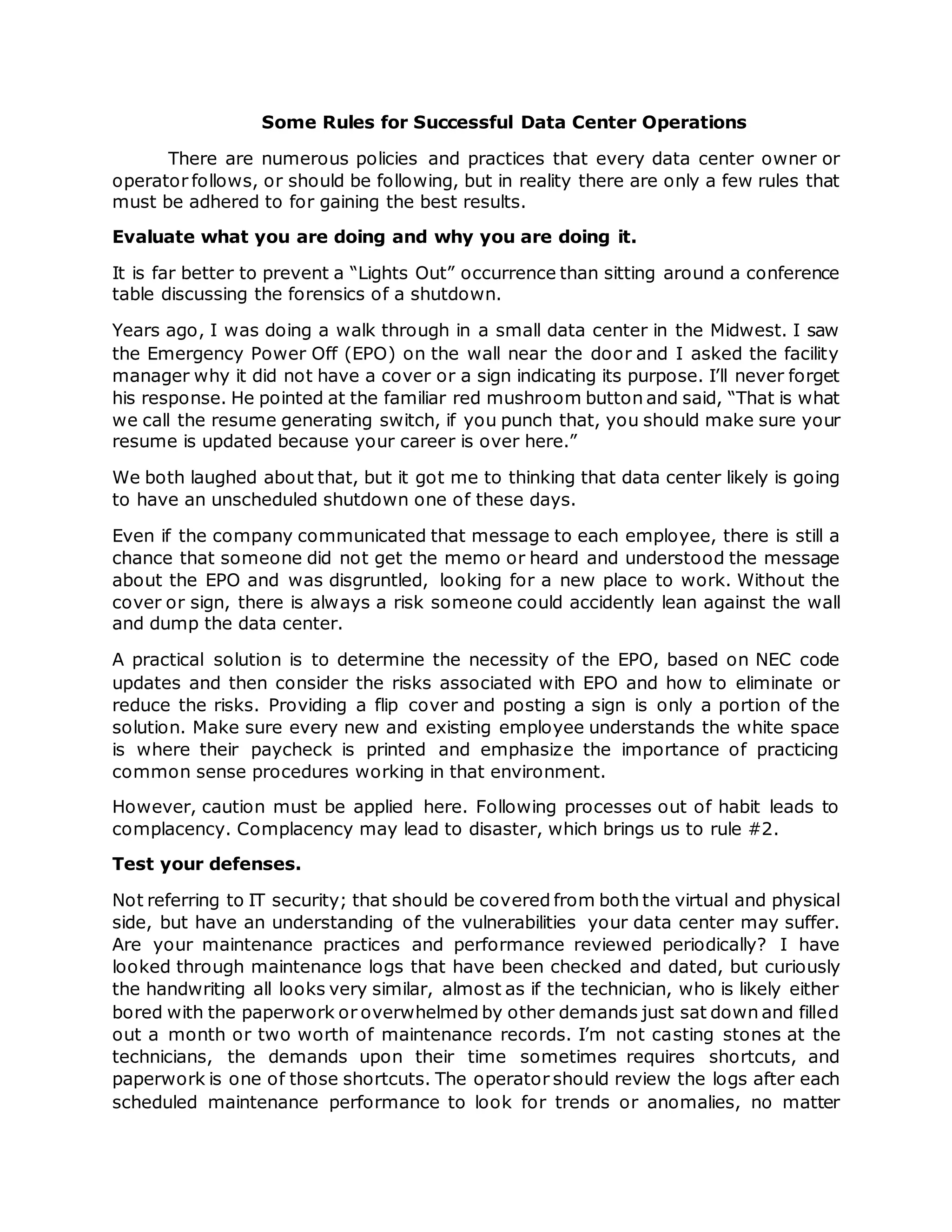 Some Rules for Successful Data Center Operations | DOCX