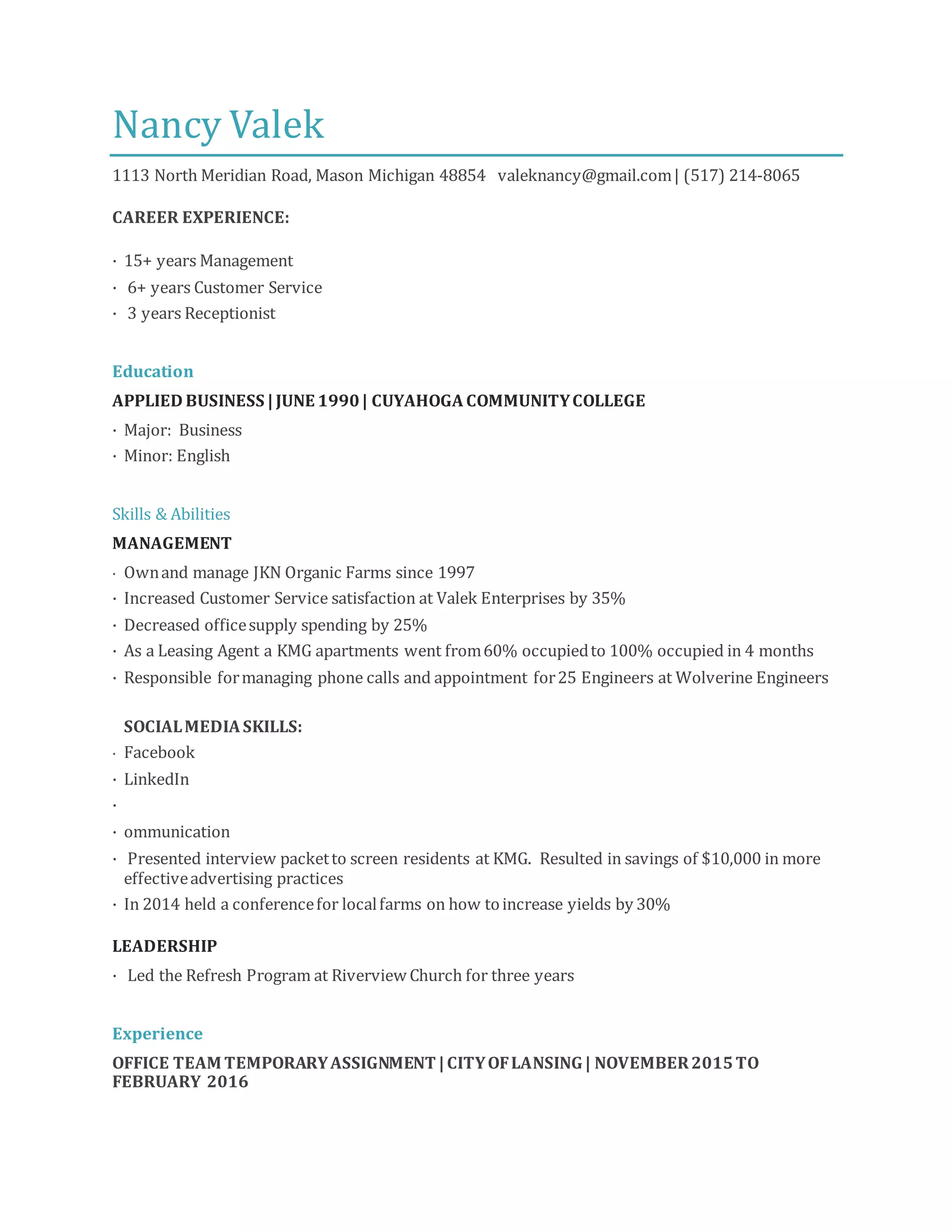 Nancy Valek Business Resume | DOCX | Business | Business and Finance