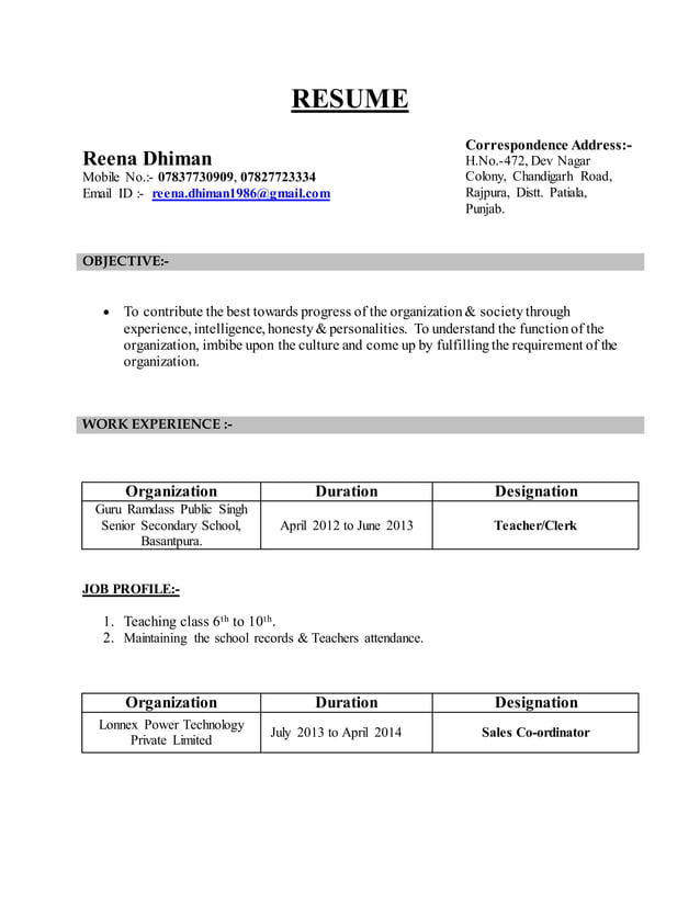 RESUME REENA DHIMAN | DOCX | Human Resources | Business
