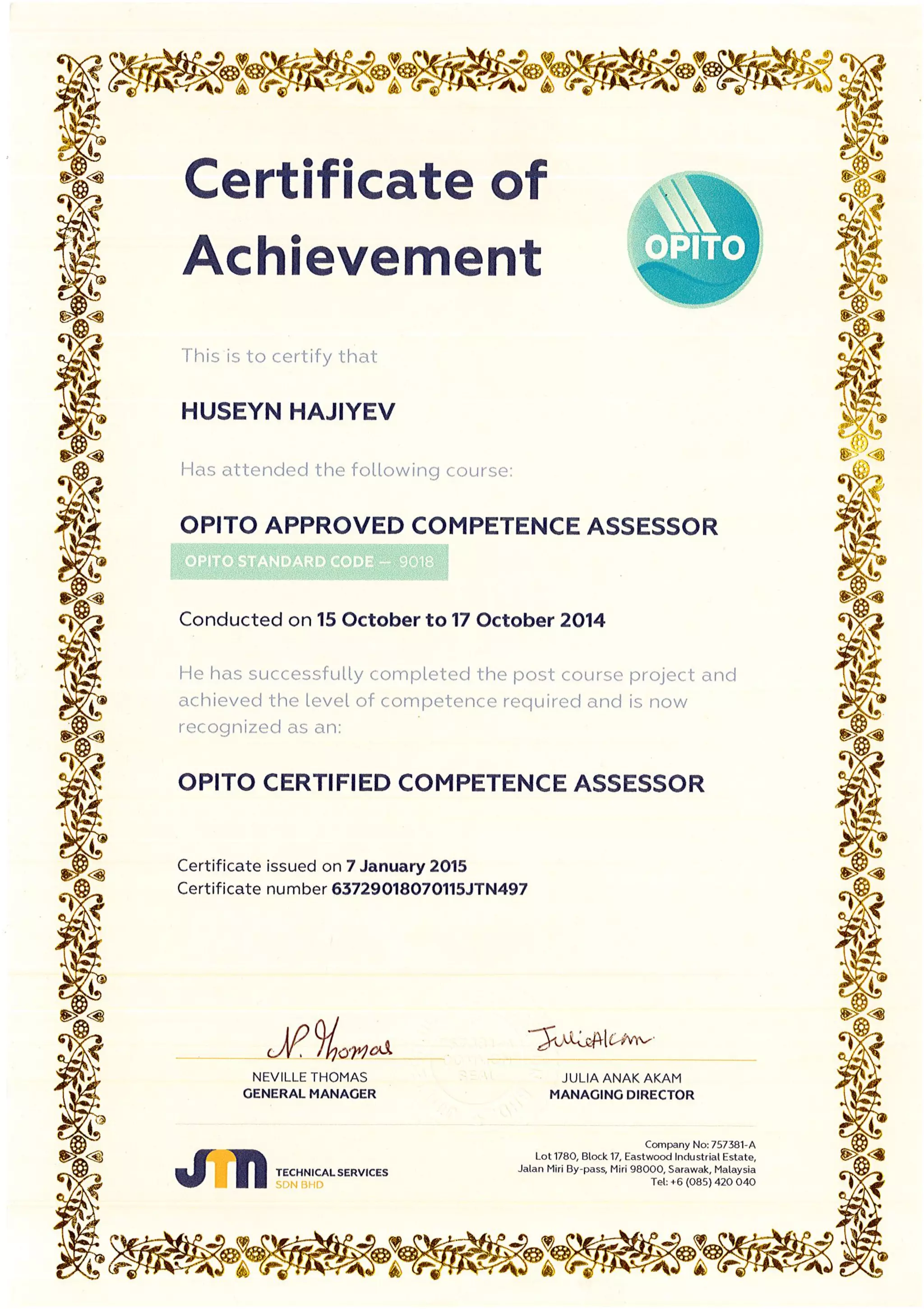 Competency Assessor Certificate OPITO | PDF