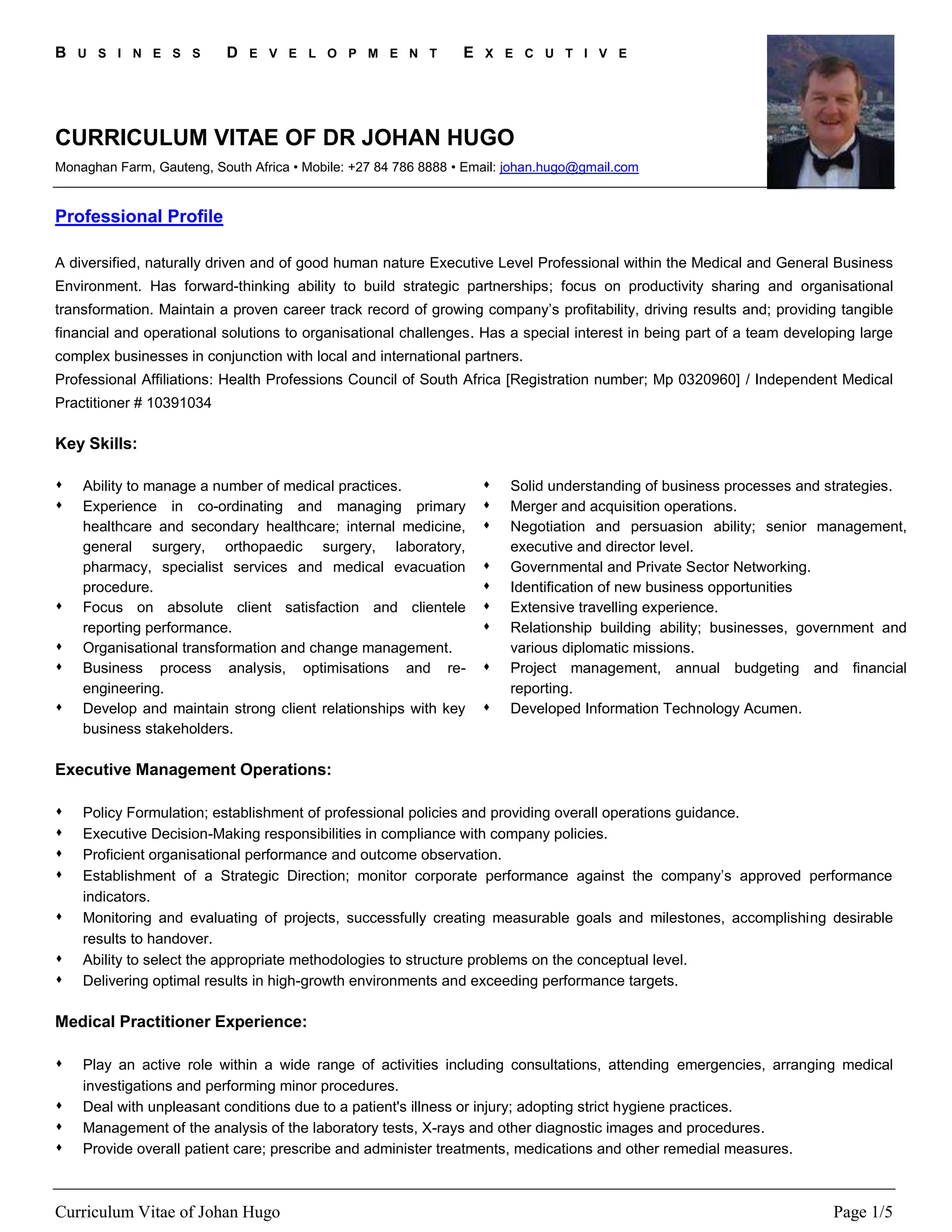 Professional CV of Dr Johan Hugo 1 | PDF