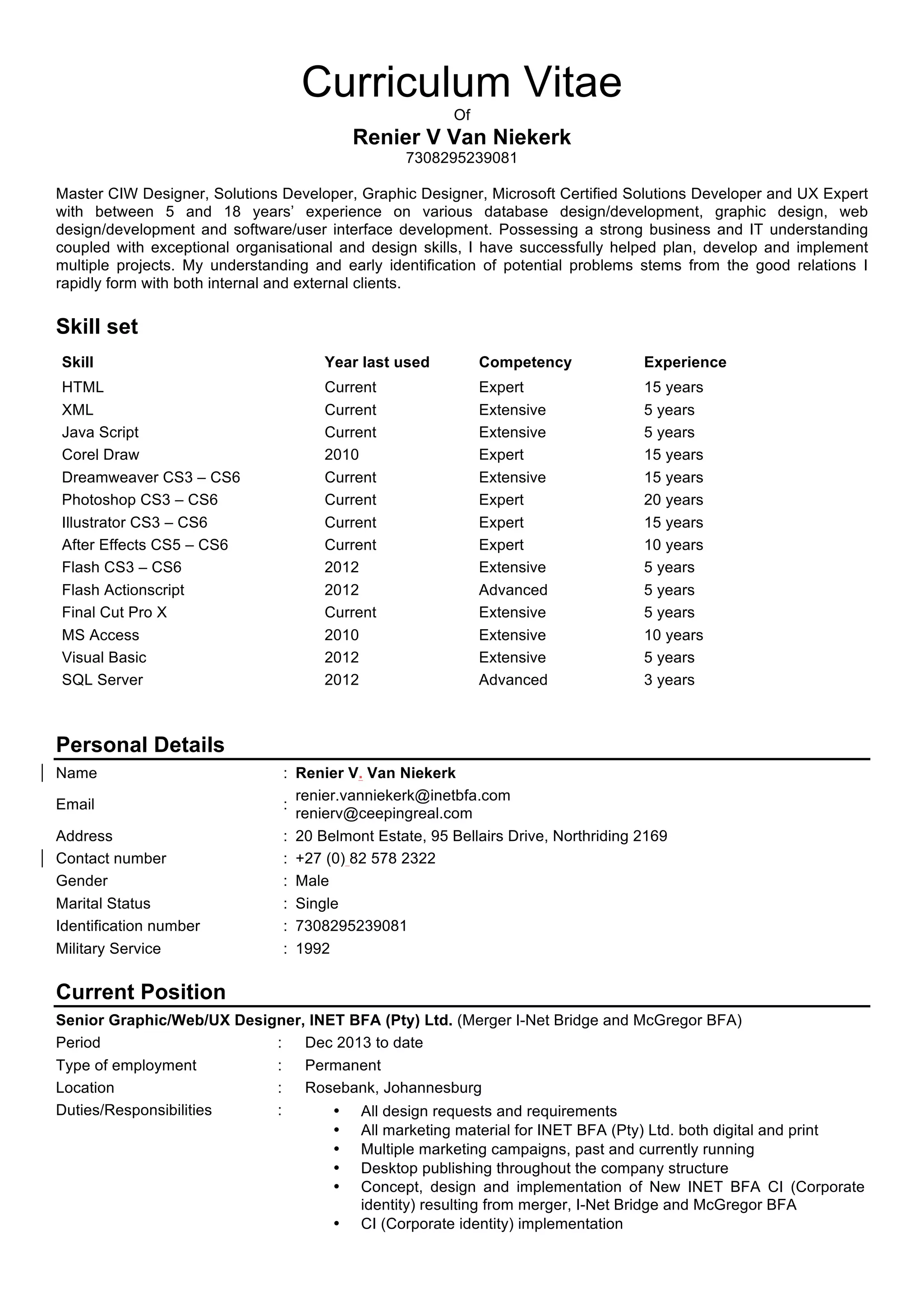 Curriculum Vitae - Renier Van Niekerk 2015 | PDF
