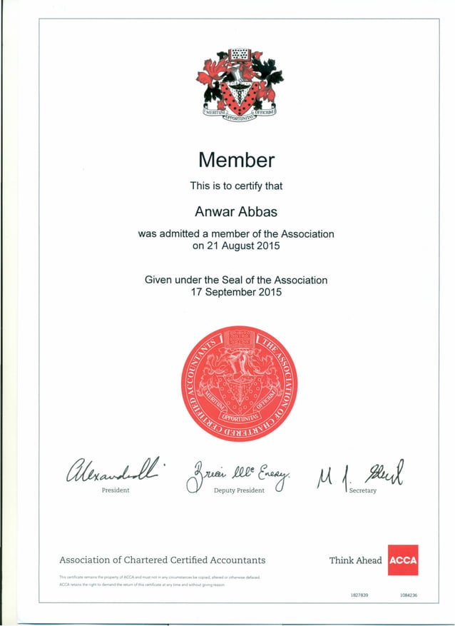 Anwar Abbas ACCA Membership Certificate | PDF