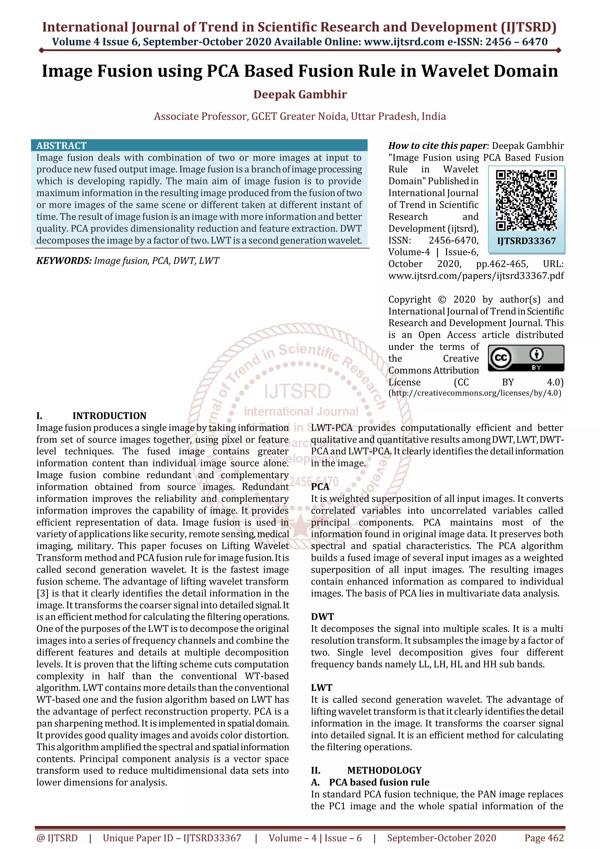 Image Fusion using PCA Based Fusion Rule in Wavelet Domain | PDF