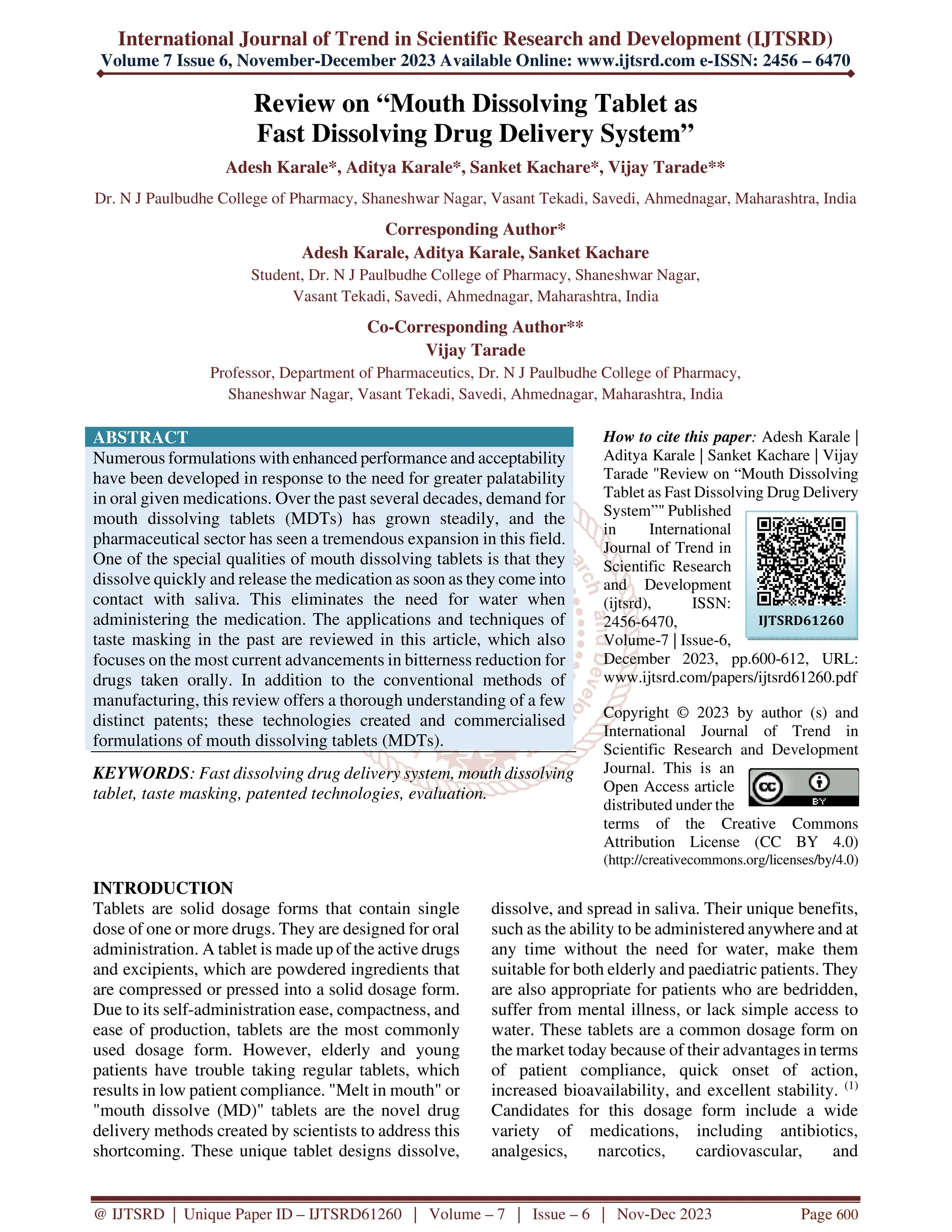 Review on “Mouth Dissolving Tablet as Fast Dissolving Drug Delivery ...