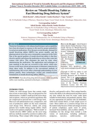 Review on “Mouth Dissolving Tablet as Fast Dissolving Drug Delivery ...