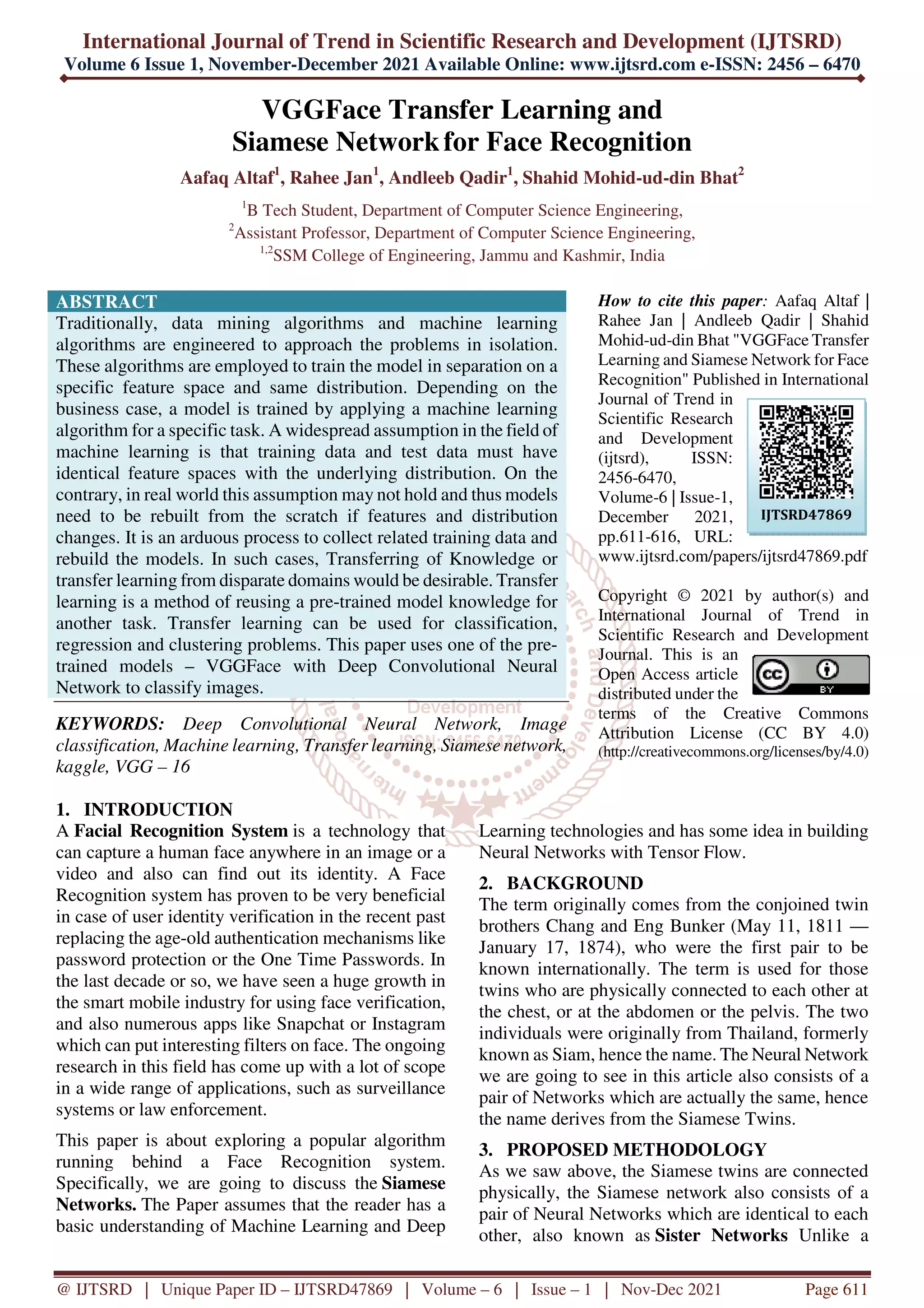 VGGFace Transfer Learning and Siamese Network for Face Recognition | PDF