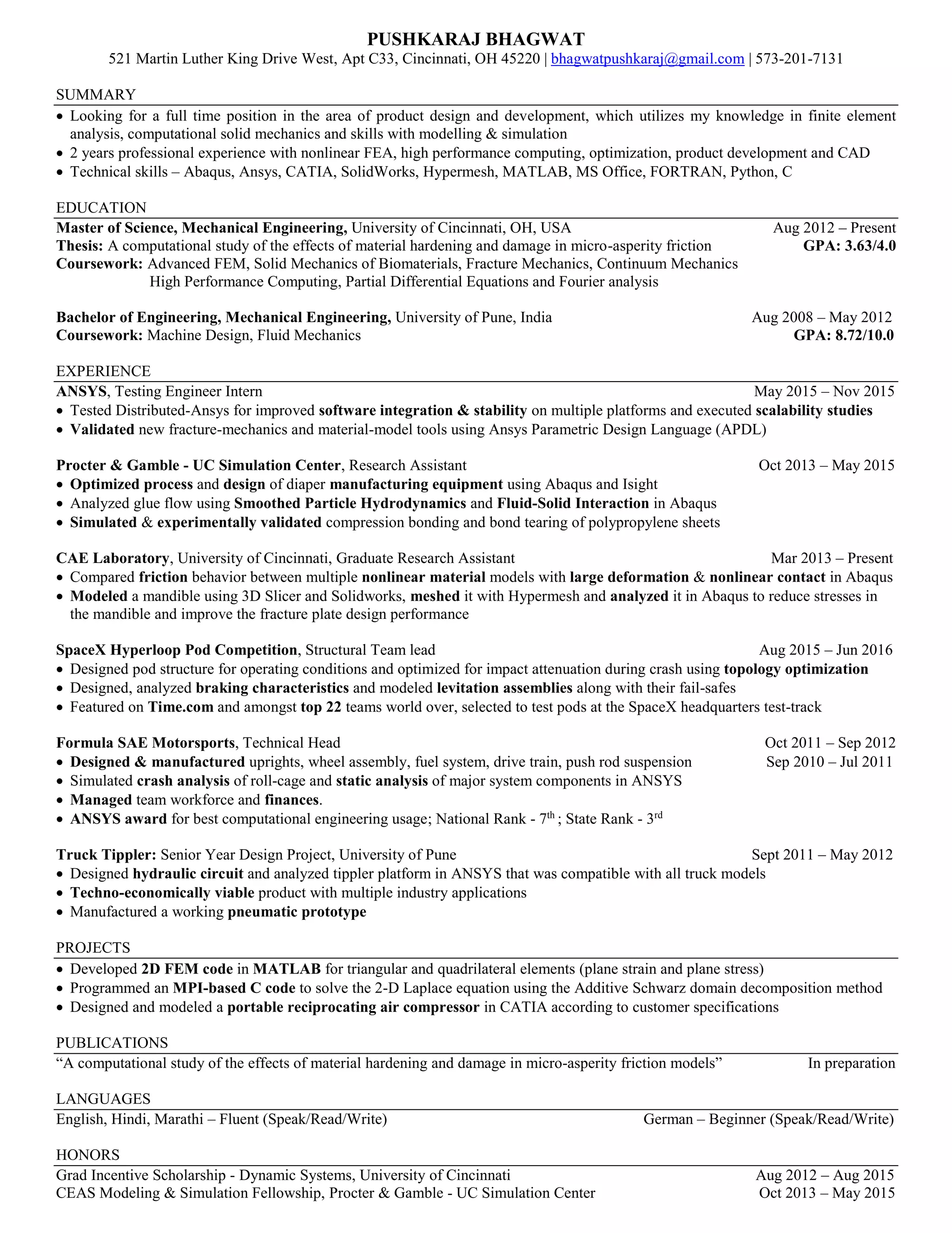 Pushkaraj Bhagwat Resume CAE Engineer | PDF