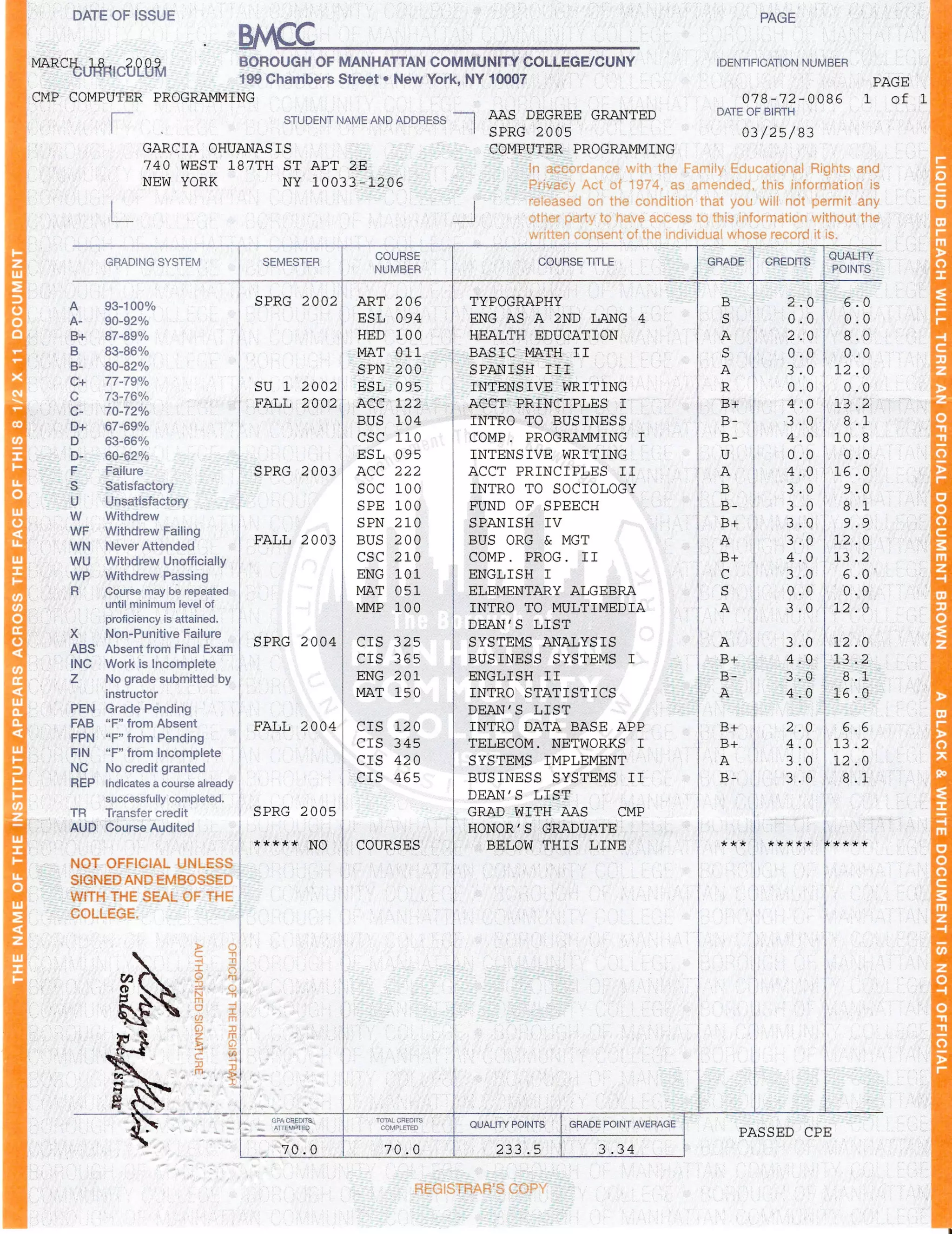 BMCC Transcript | PDF