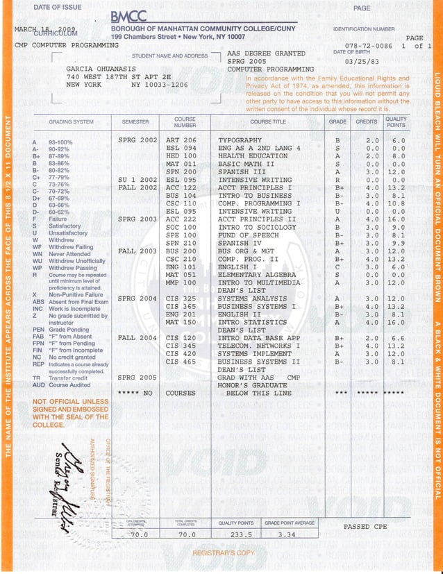 BMCC Transcript | PDF