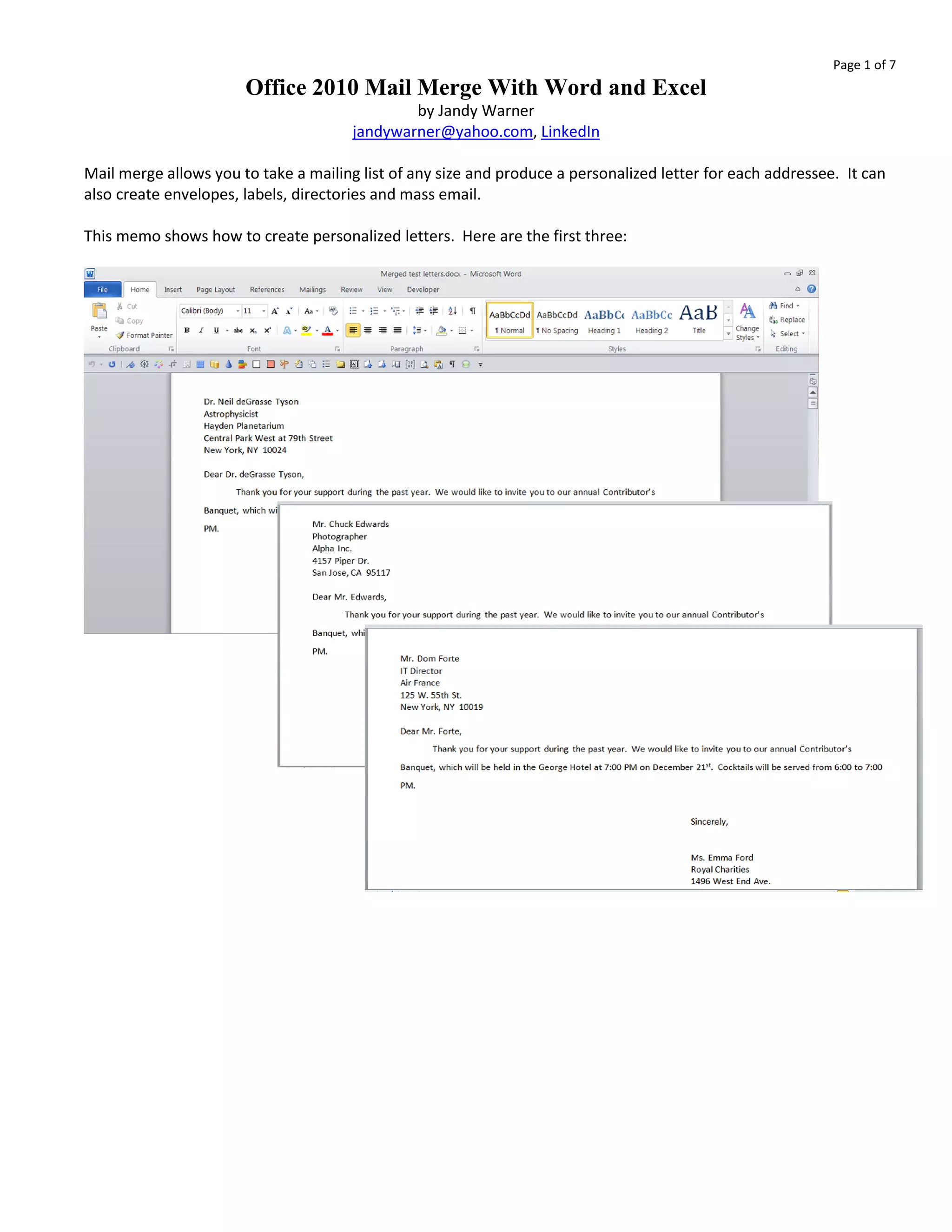 Office 2010 Mail Merge With Word and Excel by Jandy Warner | PDF