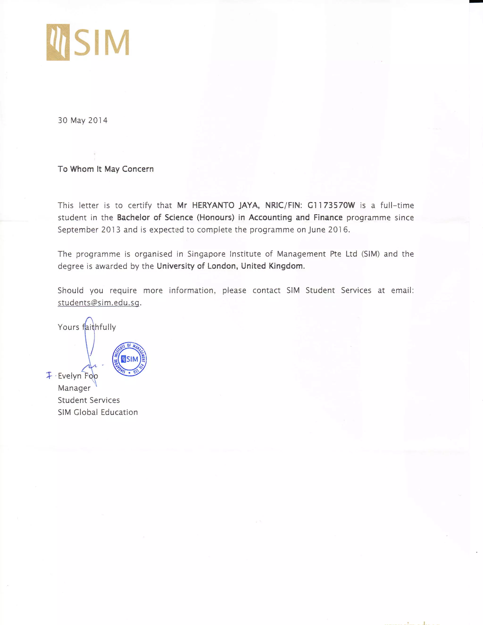 Reference letter from SIM | PDF