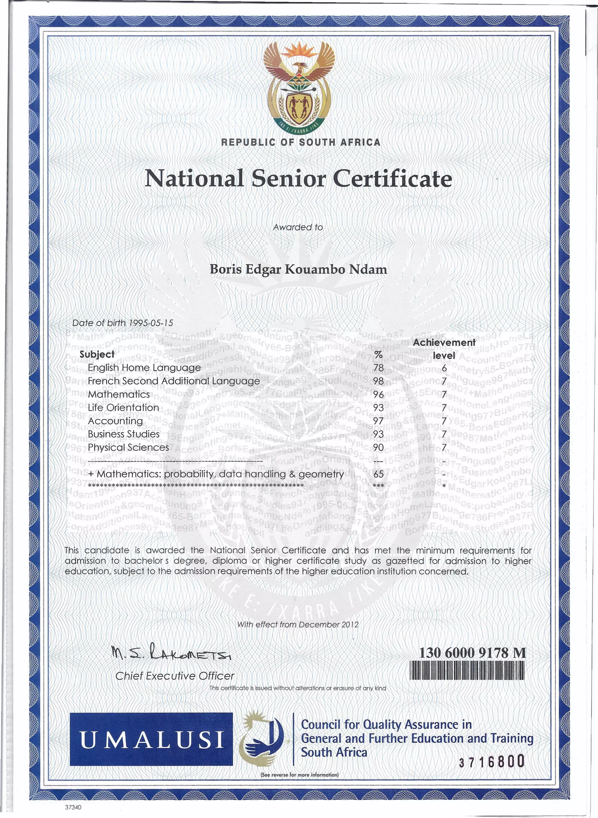 Matric Certificate | PDF