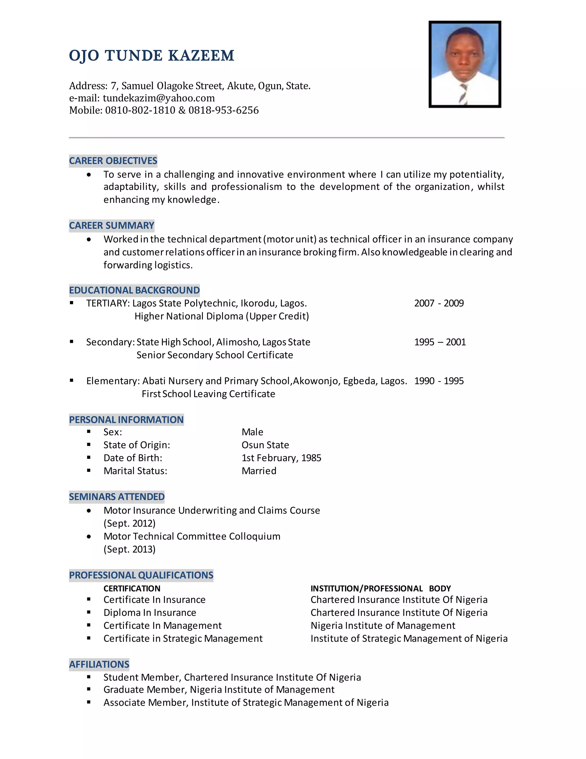 OJO TUNDE KAZEEM RESUME | PDF