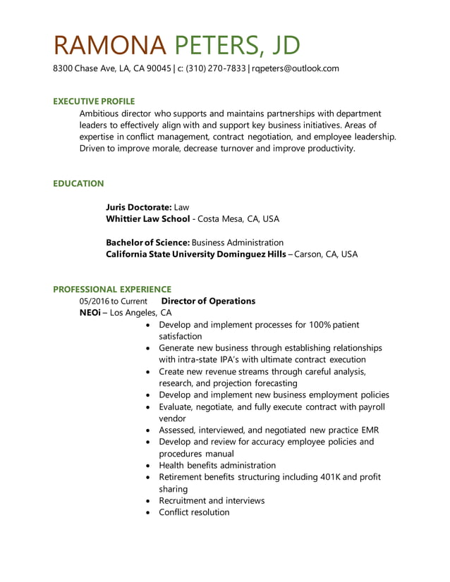 RAMONA PETERS, JD.Director.Resume | DOCX