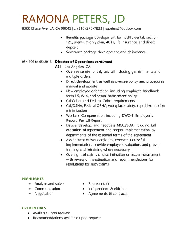 RAMONA PETERS, JD.Director.Resume | DOCX