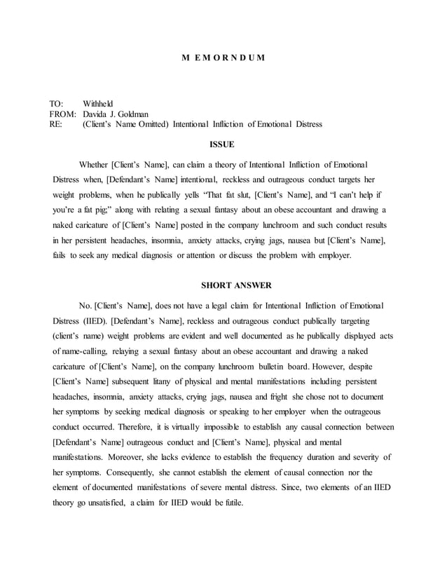 Writing Sample Goldman Memo IIED Pleading | DOCX | Mental Health | Diseases and Conditions