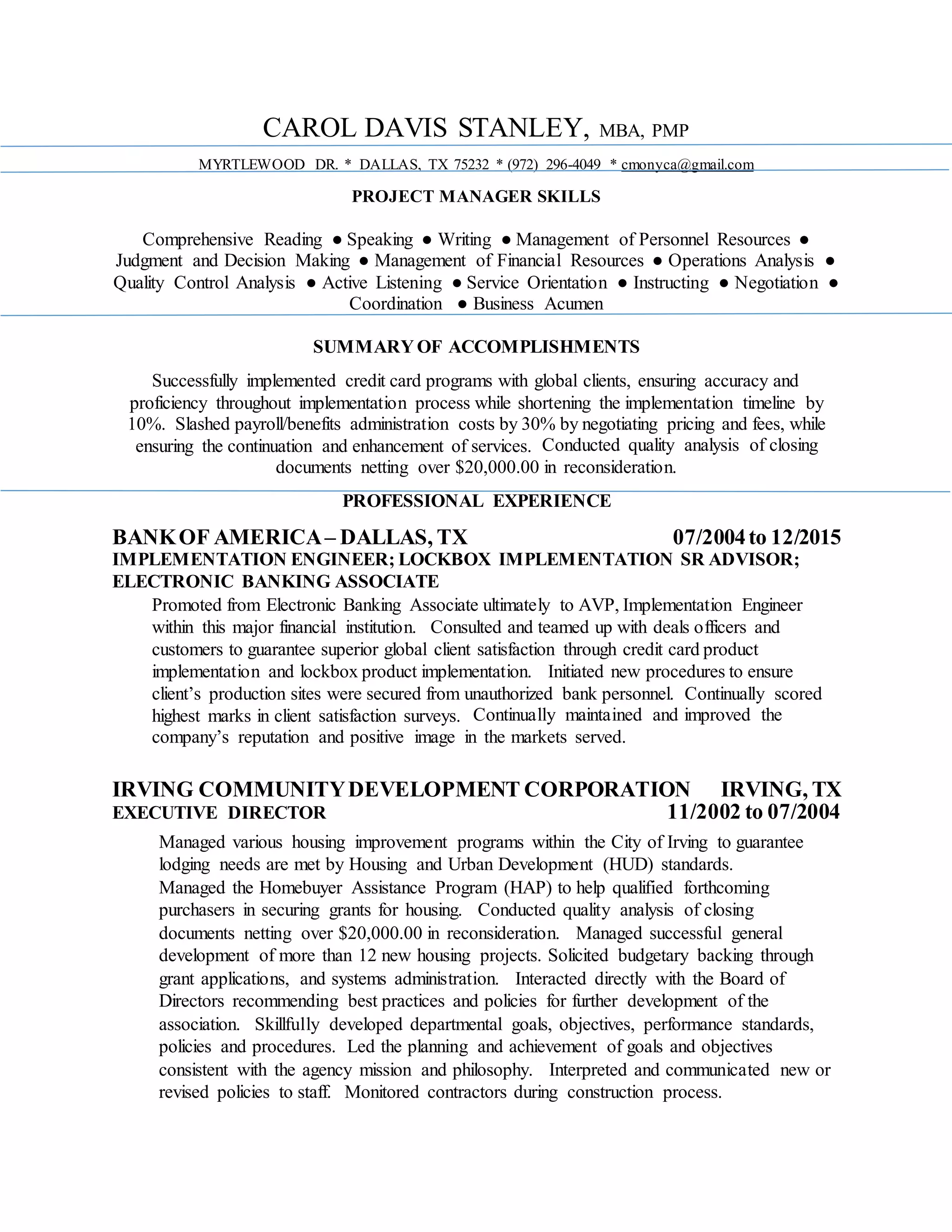 CAROL D STANLEY resume | PDF