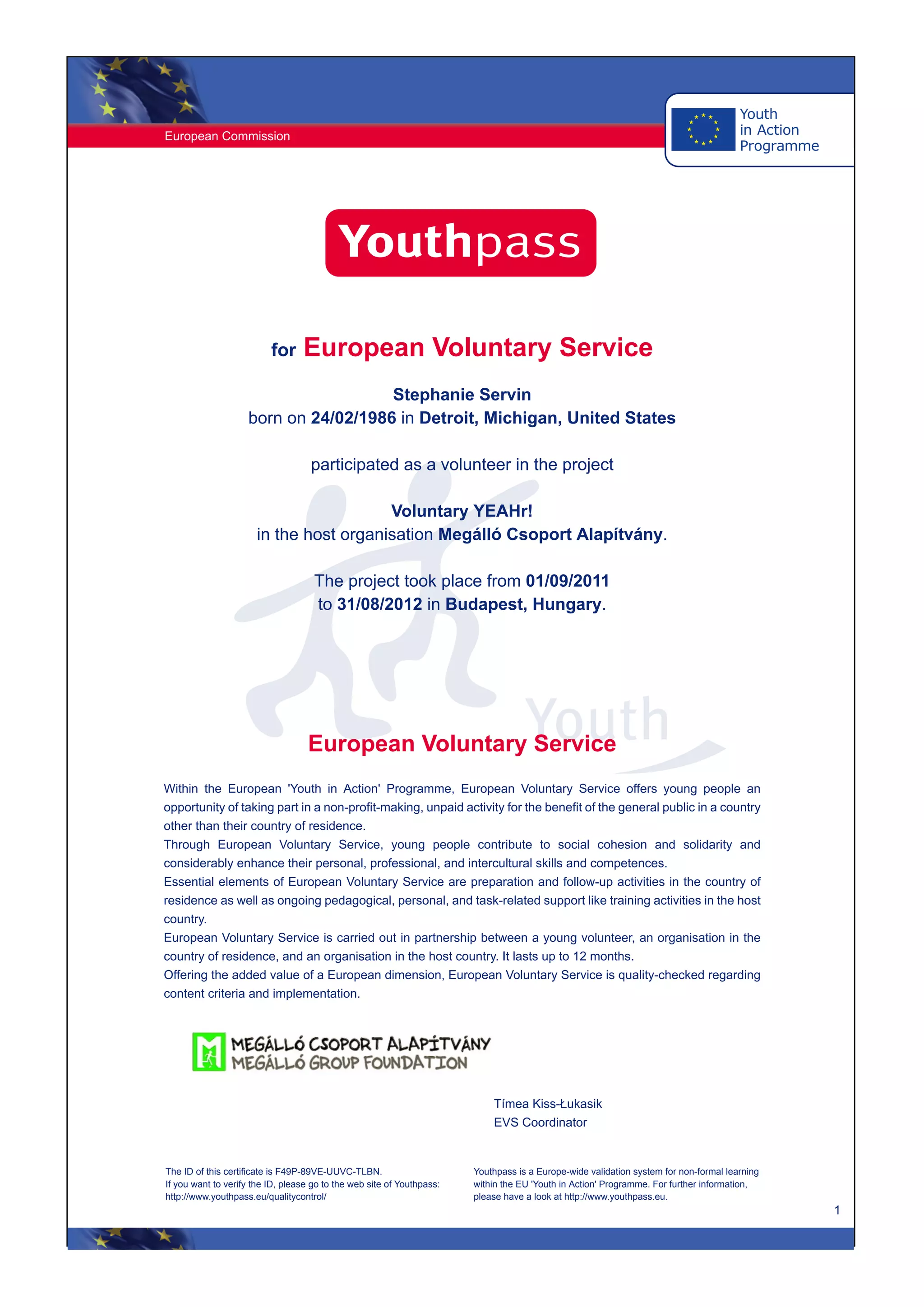 Stephanie Gentle Youthpass Certificate | PDF