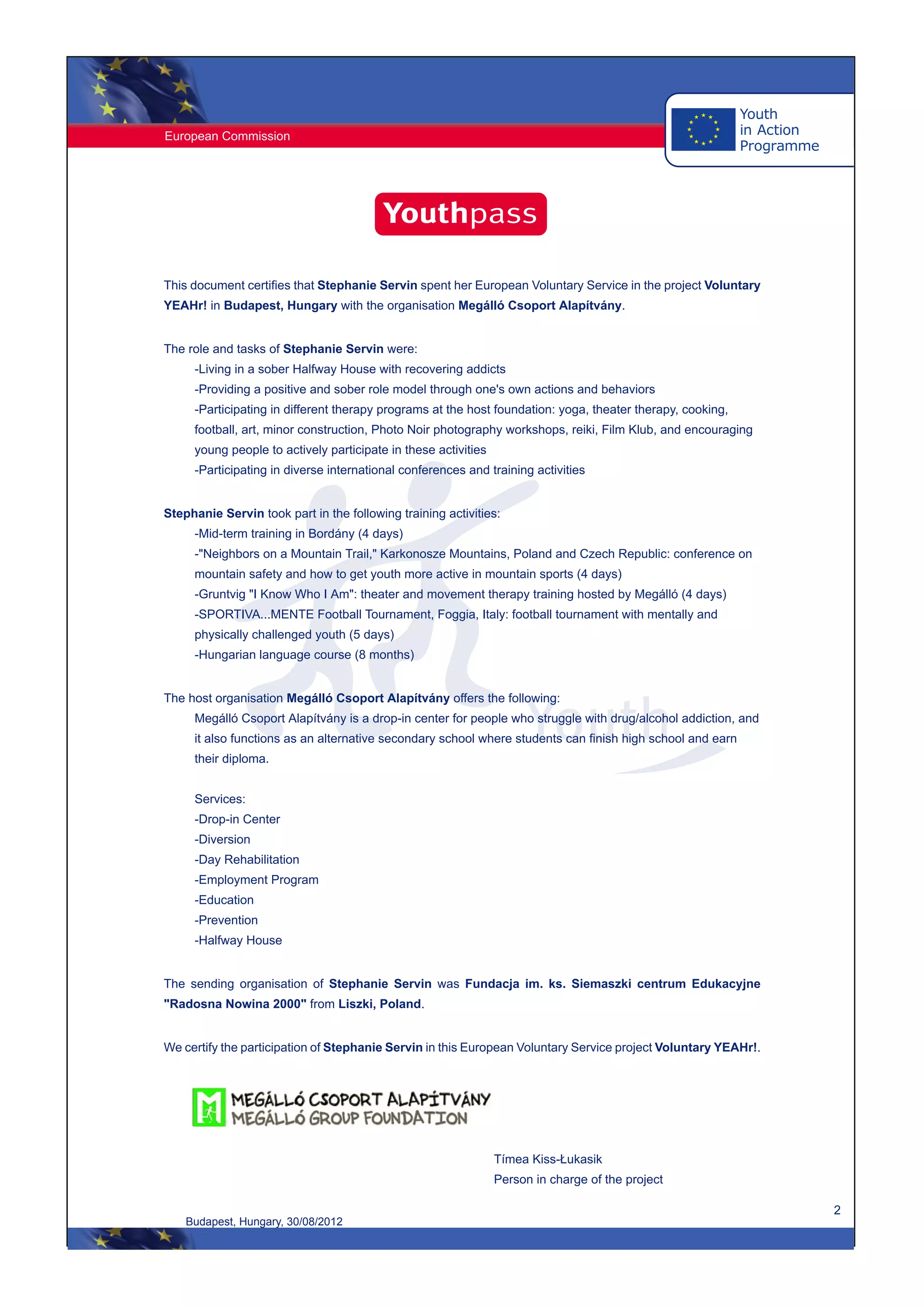 Stephanie Gentle Youthpass Certificate | PDF