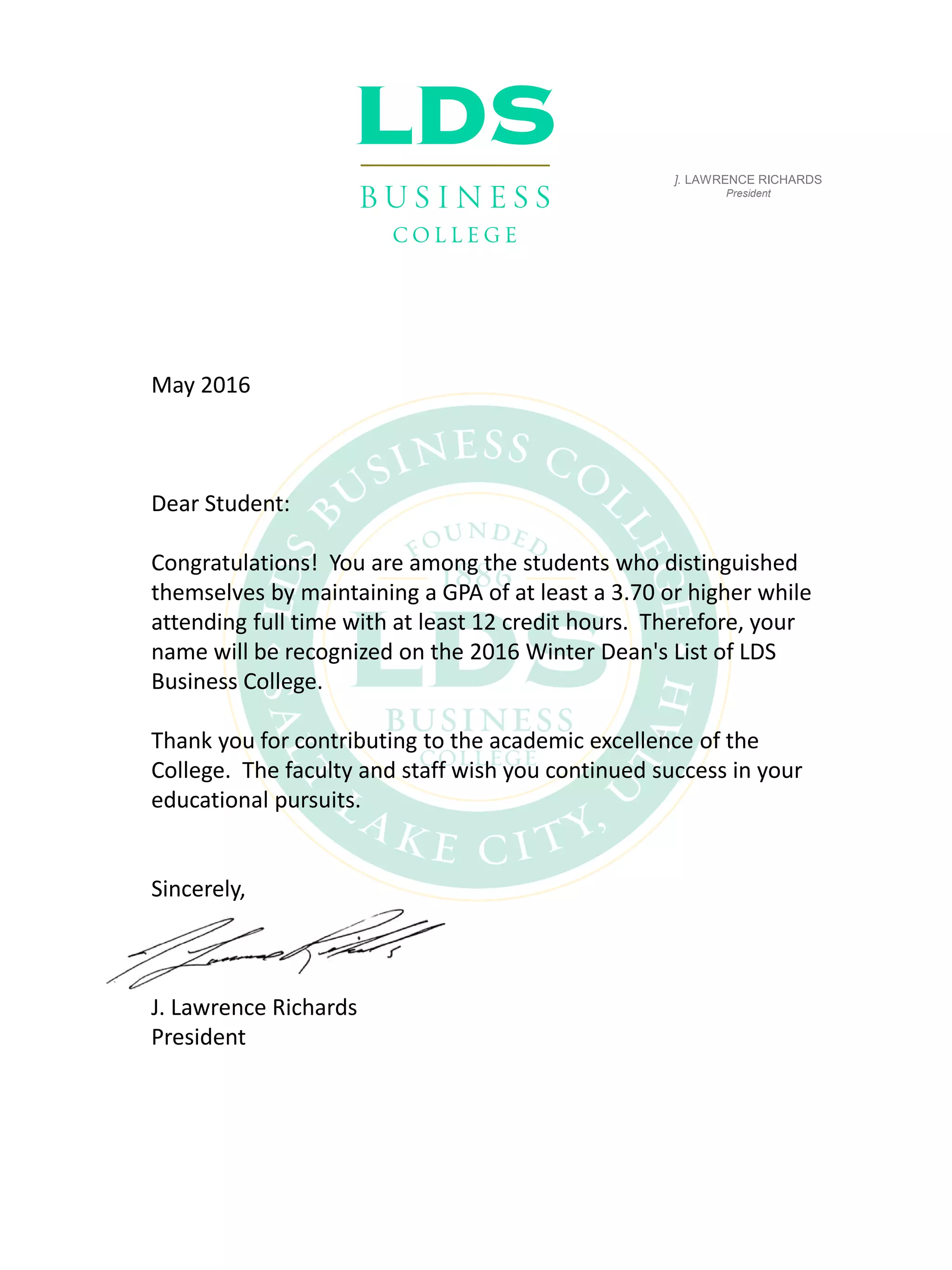 W16 Deans List Letter | PDF