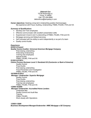 underwriter resume Deborah Cox | DOC