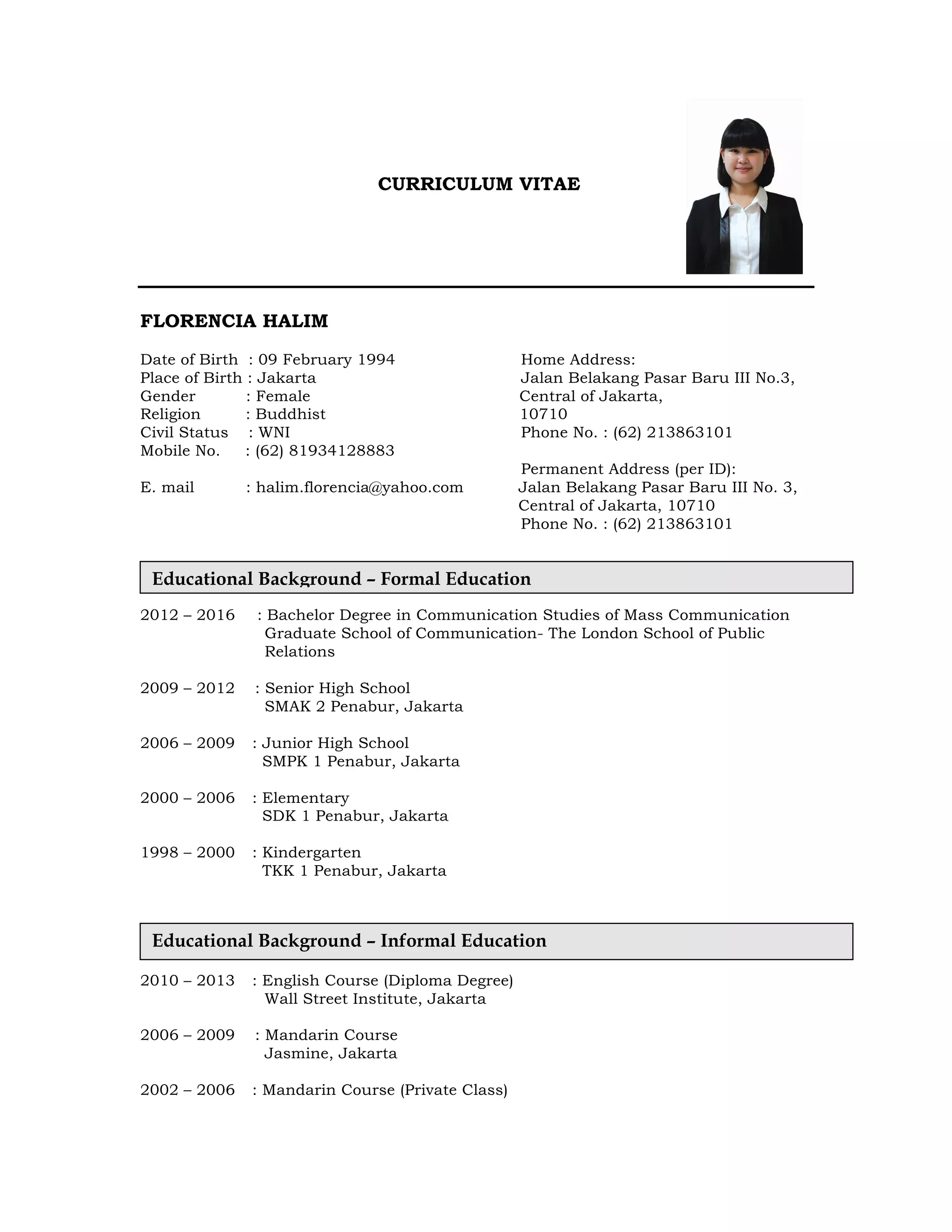 CURRICULUM VITAE - FLORENCIA HALIM | PDF