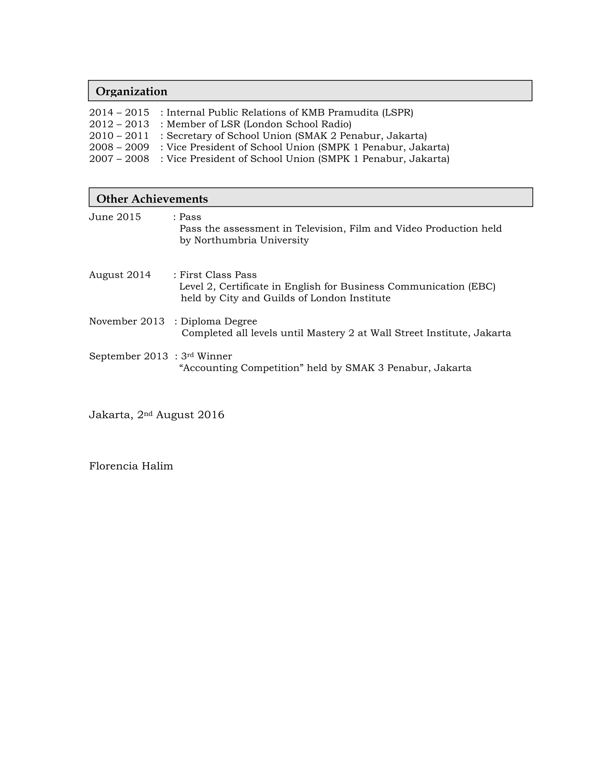 CURRICULUM VITAE - FLORENCIA HALIM | PDF