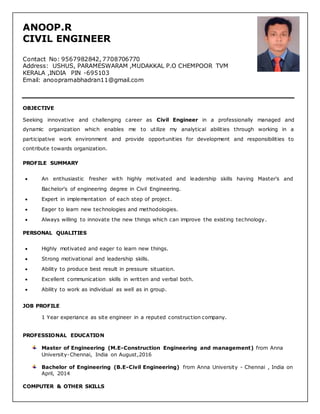 ANOOP CV SITE ENGR | DOCX | Civil Engineering Industry | Industries
