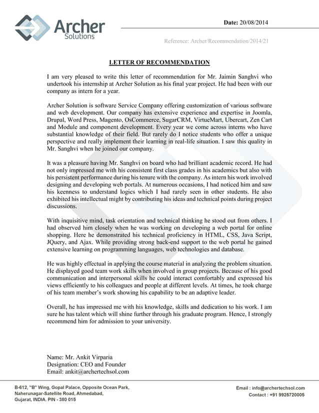 Archer - LOR - Jaimin Sanghvi | PDF