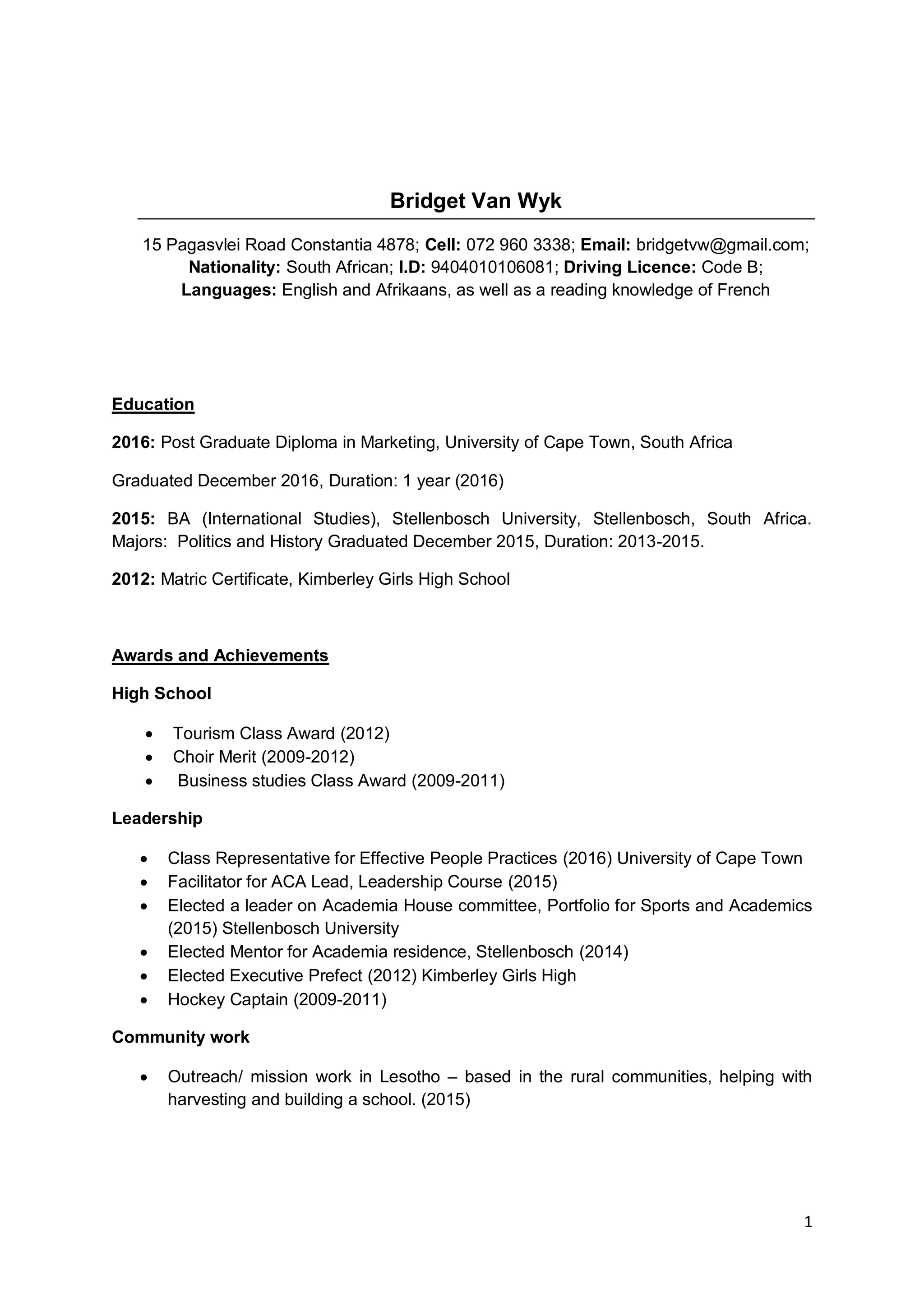 Bridget Van Wyk CV B | PDF