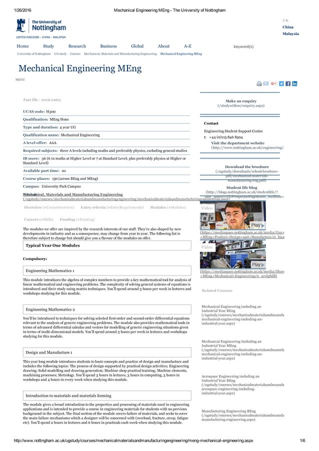 Mechanical Engineering MEng - The University of Nottingham | PDF