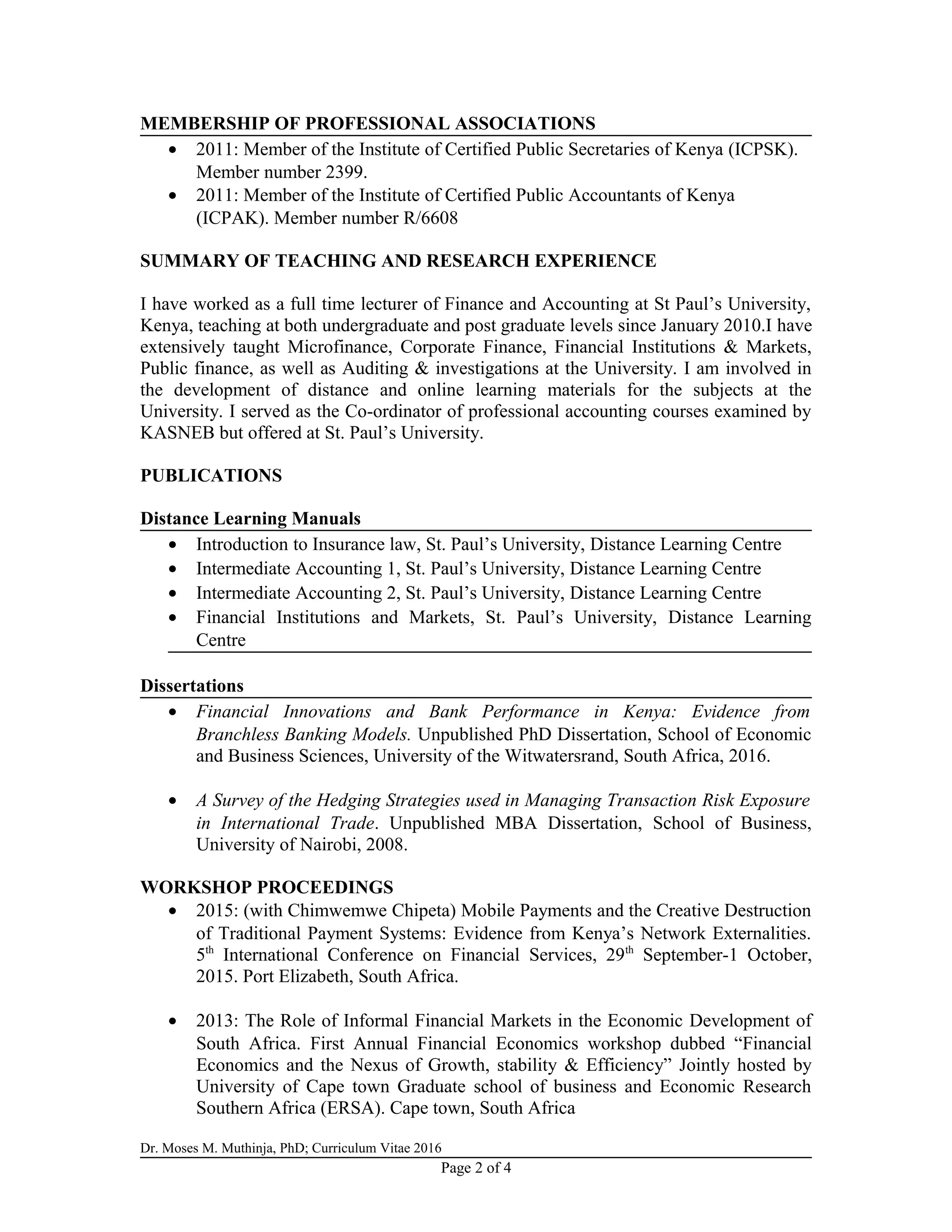 Dr. Moses Muthinja Cv | DOC