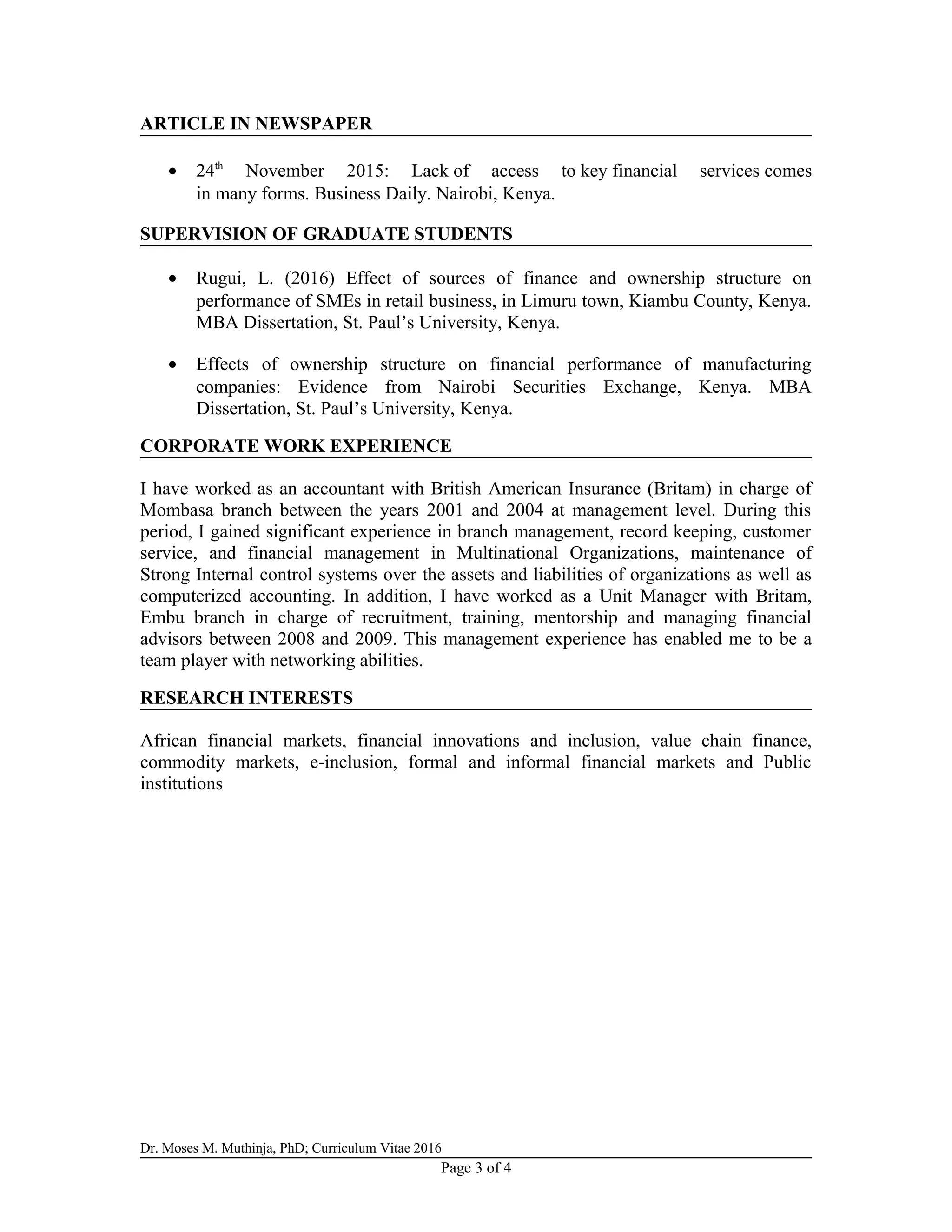 Dr. Moses Muthinja Cv | DOC