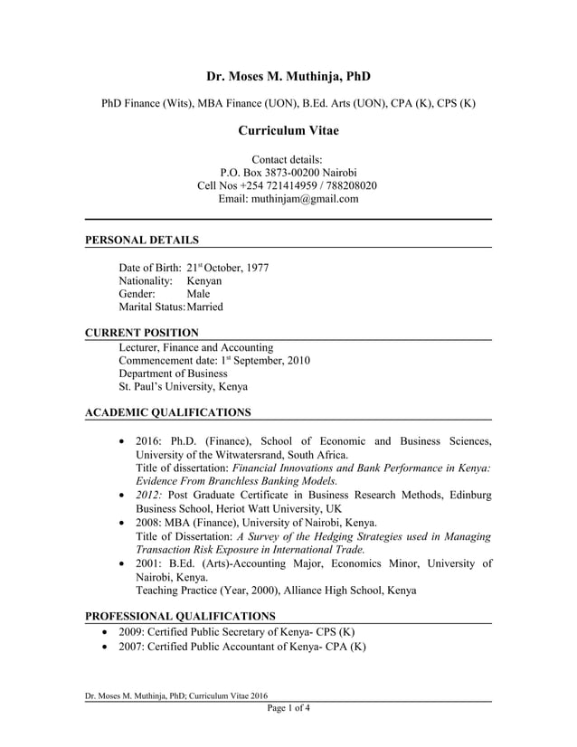 Dr. Moses Muthinja Cv | DOC