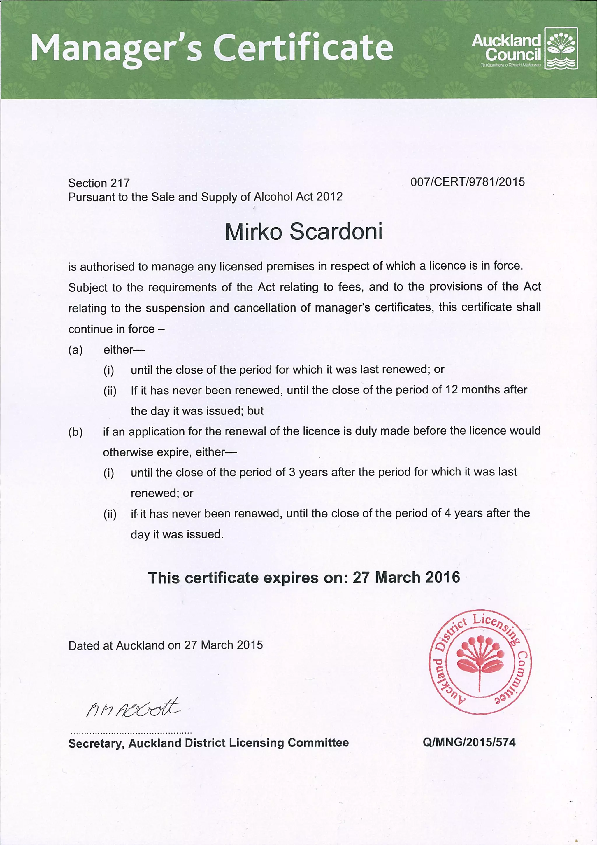 Manager's certificate | PDF