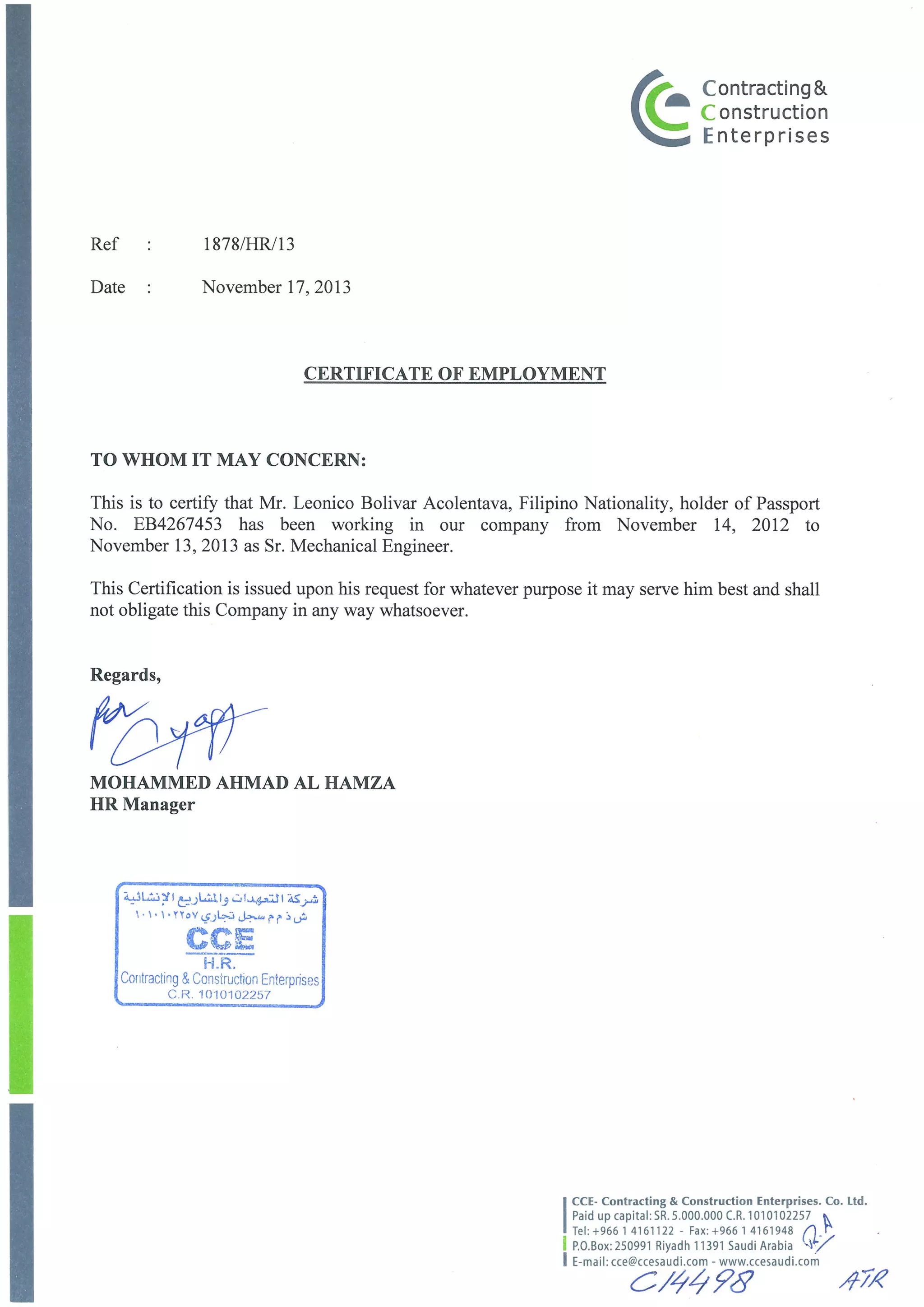 CCE EMPLOYMENT CERTIFICATE | PDF