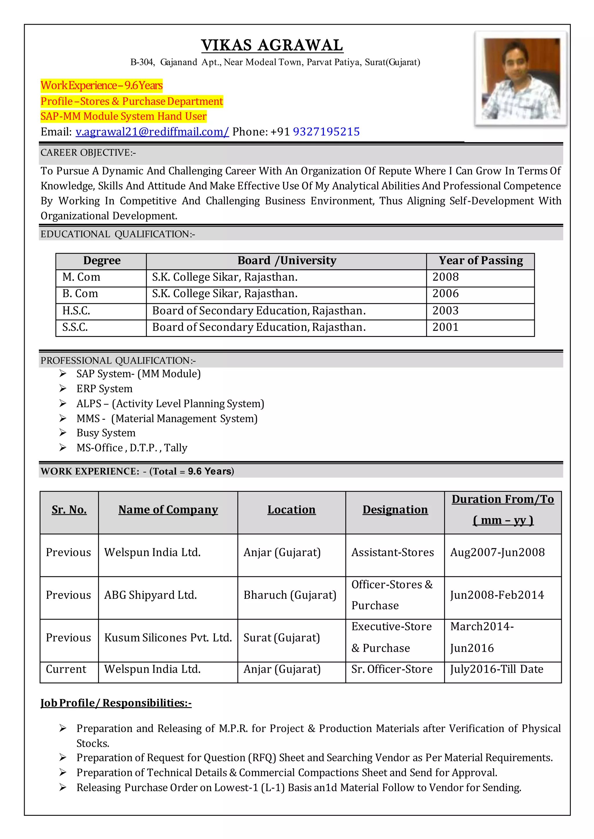 Profile for Store & Purchase Department_Exp.9.6 Years | DOCX