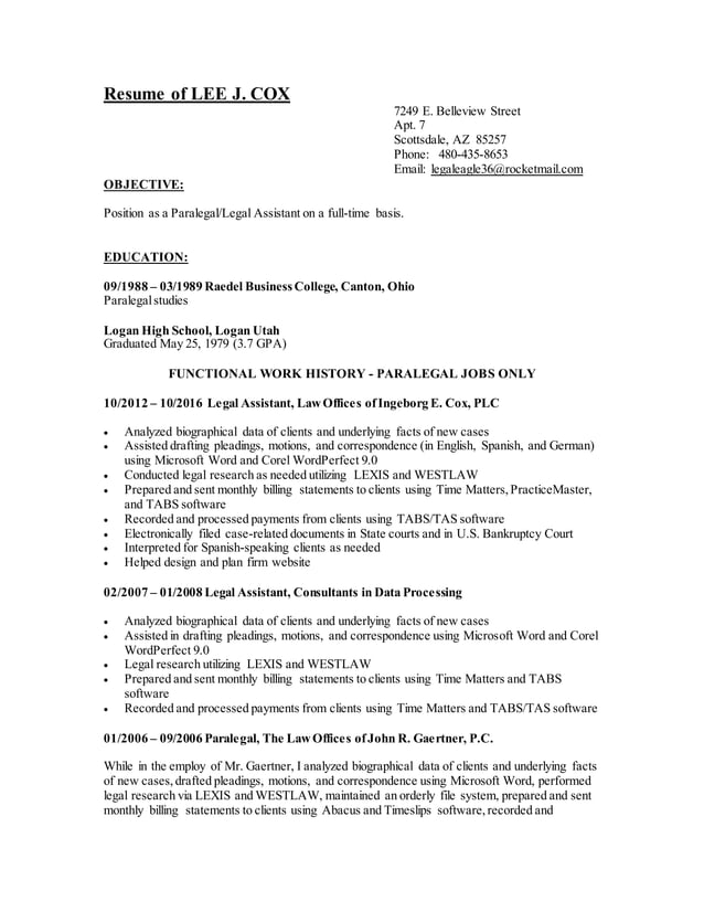 Resume for Lee J. Cox.doc