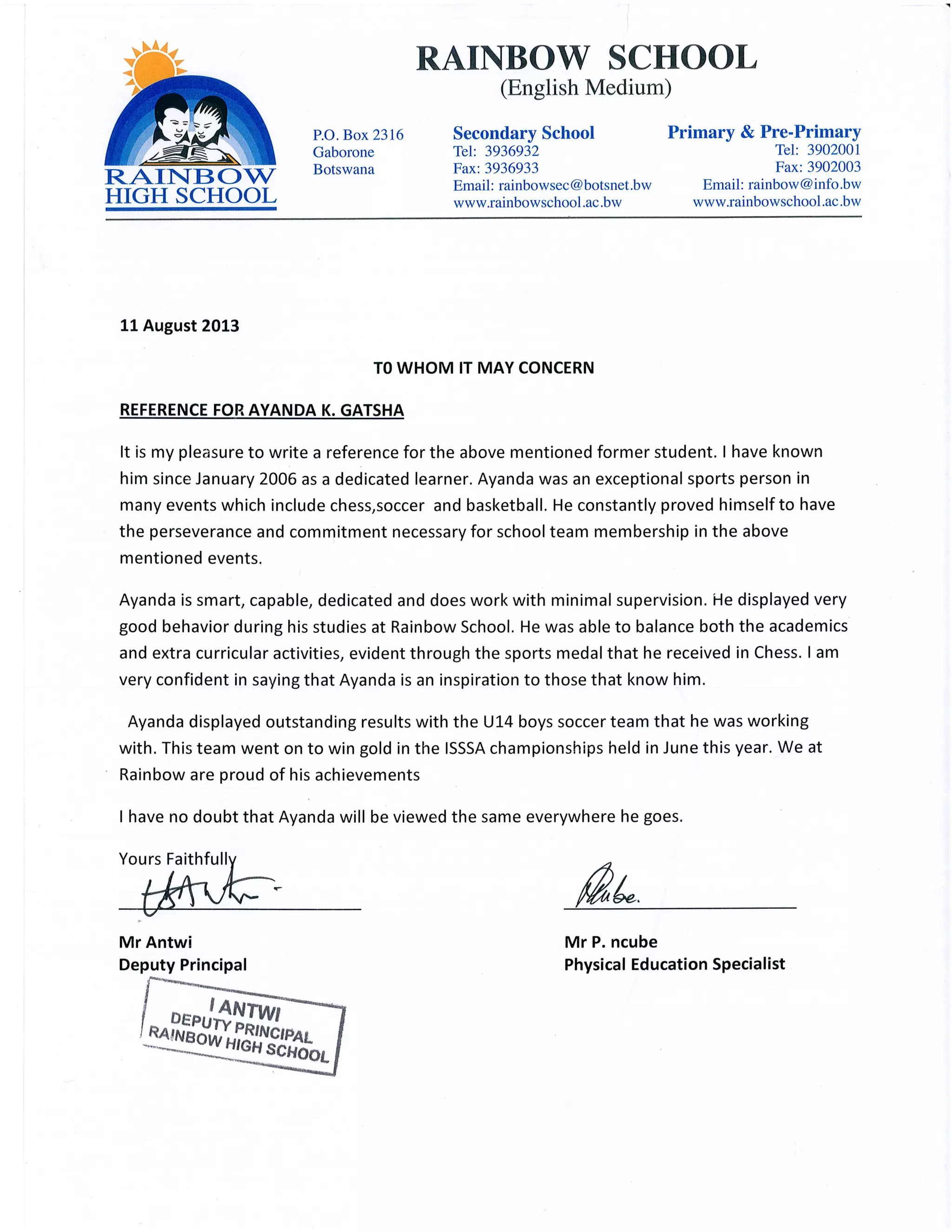 2013 Rainbow High School Reference Letter | PDF