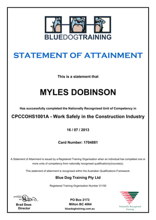 Certificate Work Safely in the Construction Industry | PDF