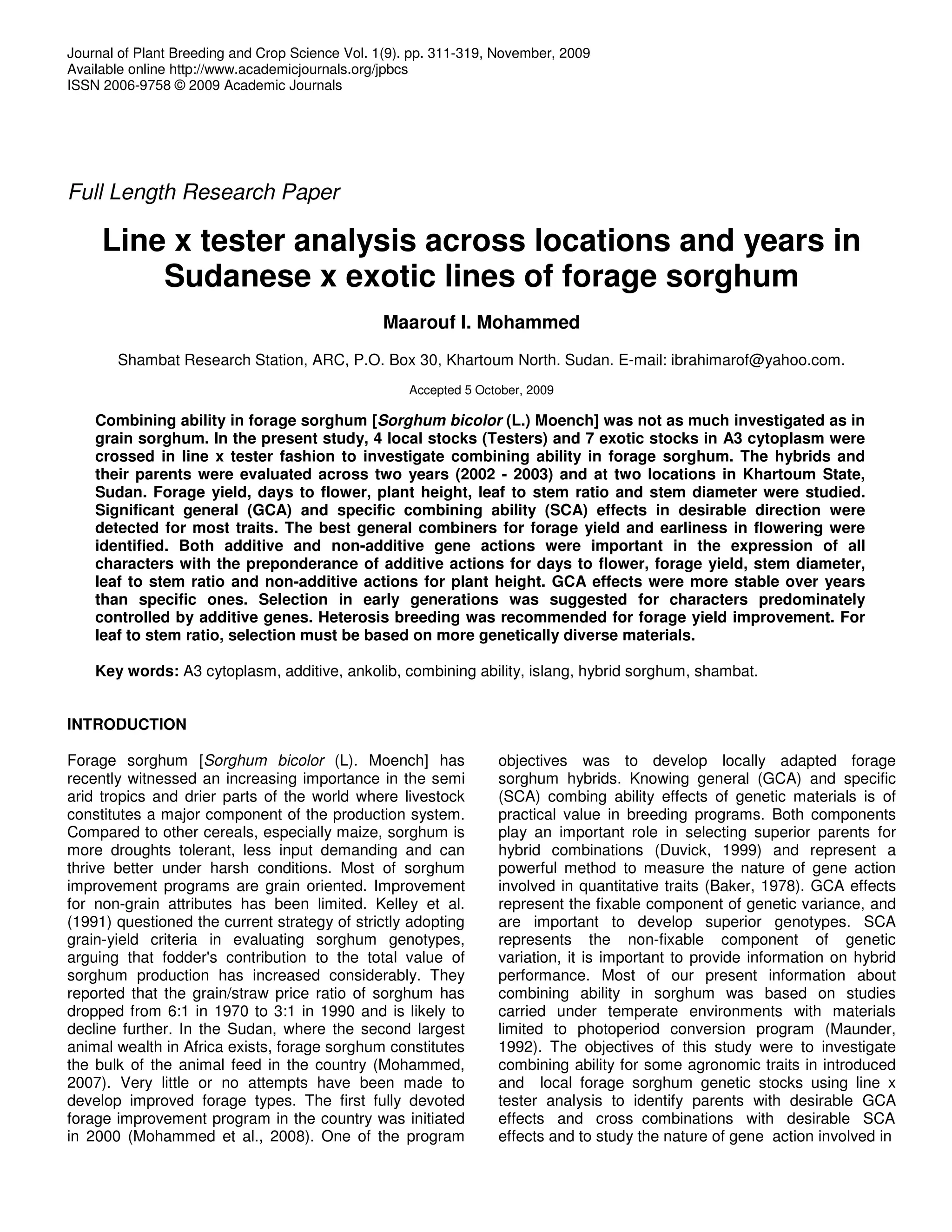 Line x tester analysis across locations and years in Sudanese x exotic ...