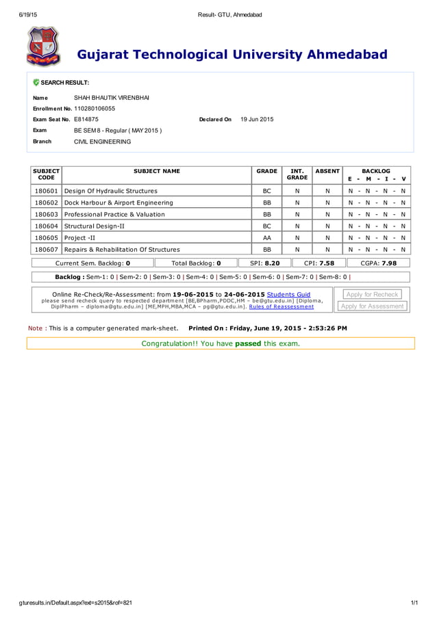 Result- GTU, Ahmedabad | PDF | Educational Assessment | Education