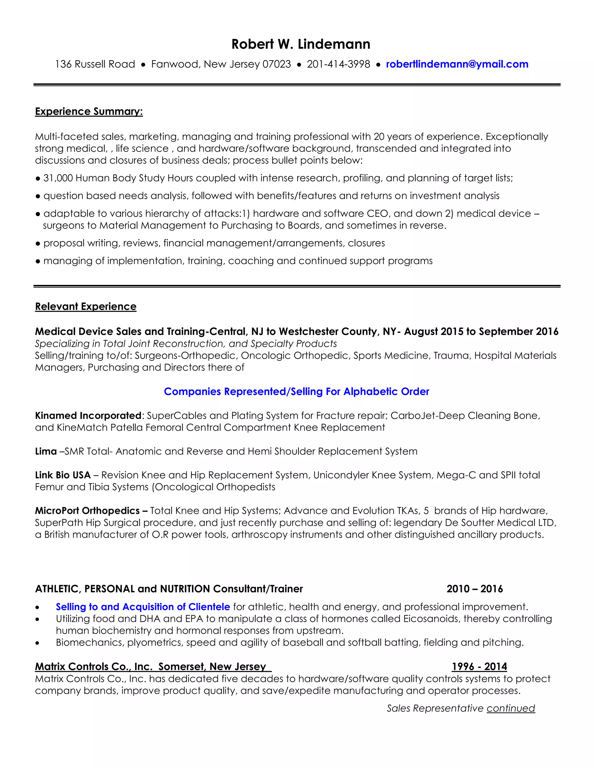 Robert W. Lindemann Medical Sales and Management CV | PDF