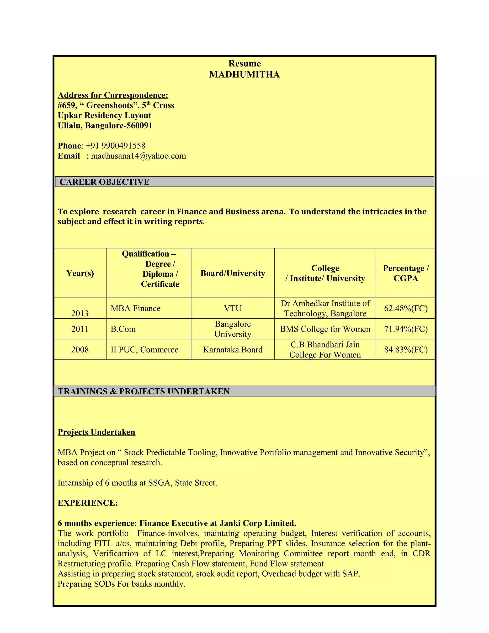 Madhumitha Murali CV | DOC | Stocks and Bonds | Personal Investing