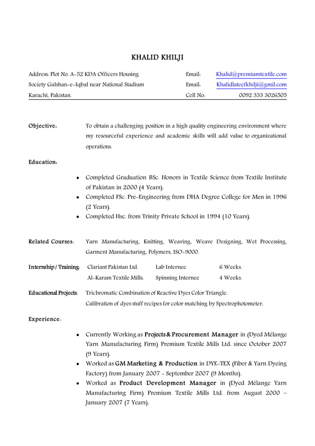 Khalid Khilji Resume 2016 | DOCX | Needlework | Arts and Crafts